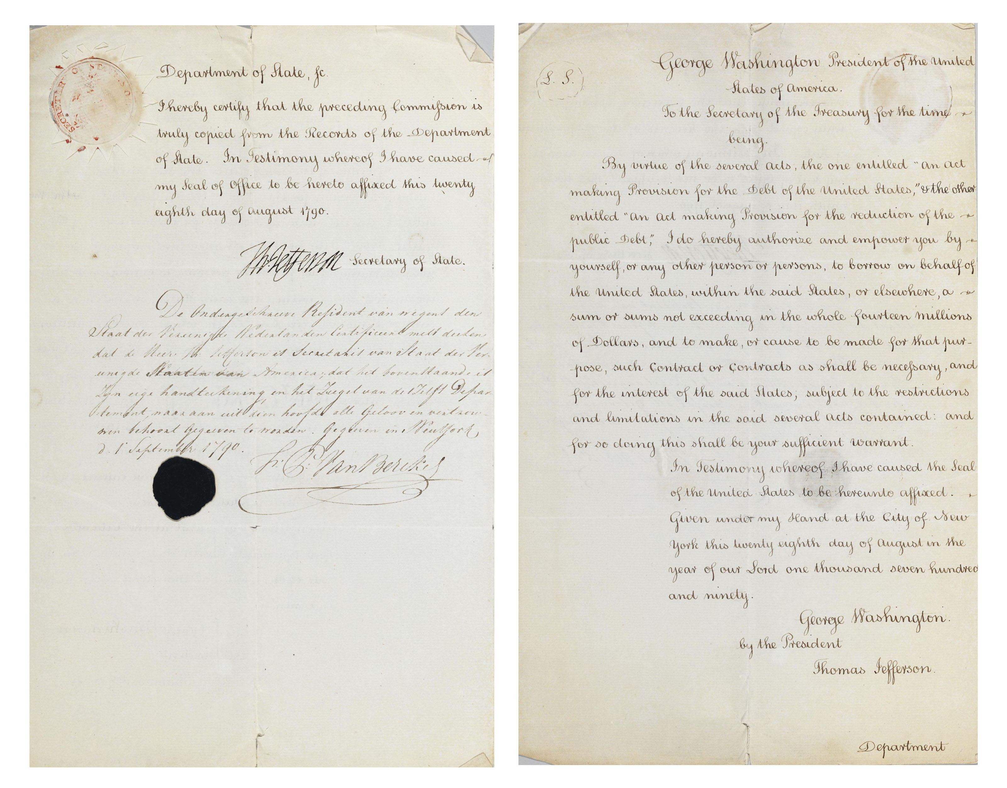 JEFFERSON, Thomas. Document signed ("Th: Jefferson"), New York, 28 ...