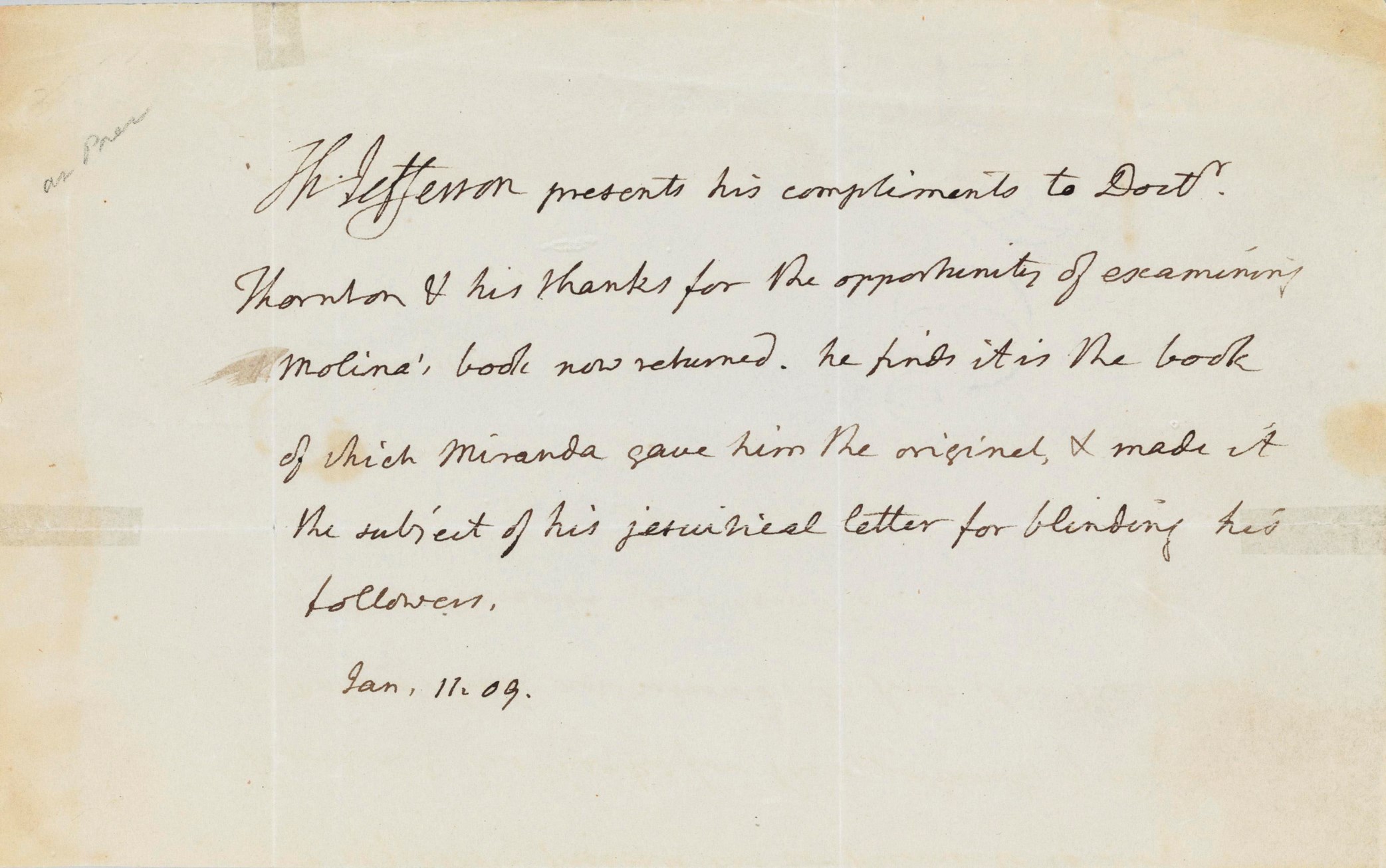 JEFFERSON, Thomas. Autograph letter signed in text ("Th: Jefferson ...