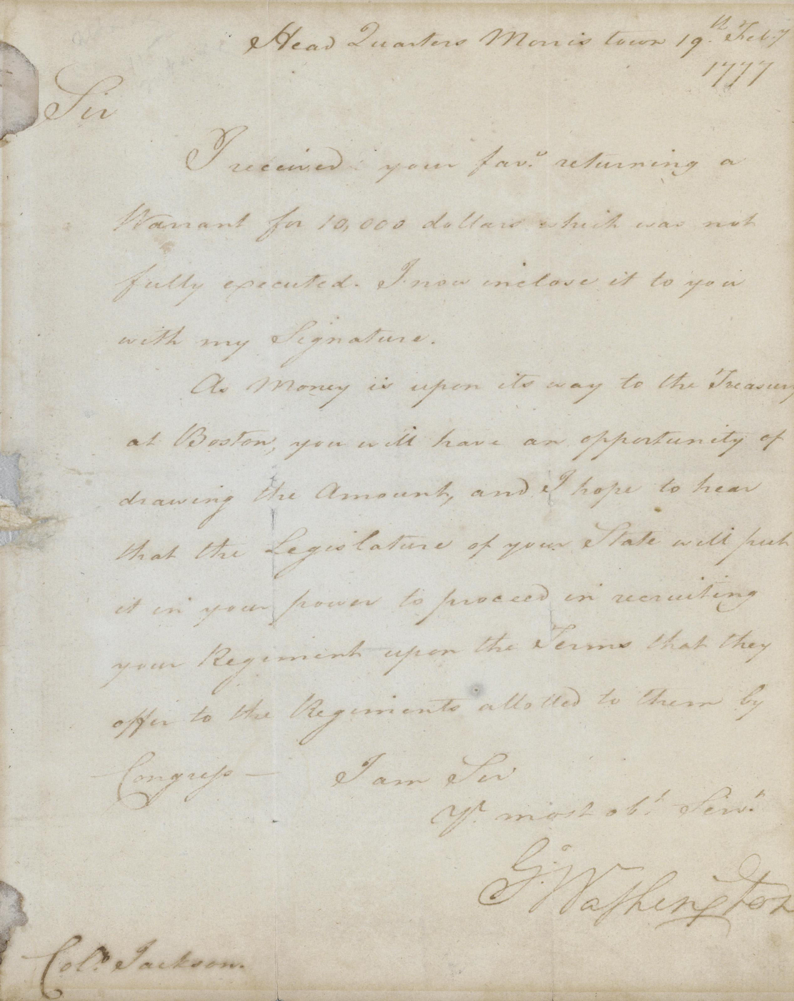 WASHINGTON, George. Letter signed ("G:o Washington") to Colonel Henry ...