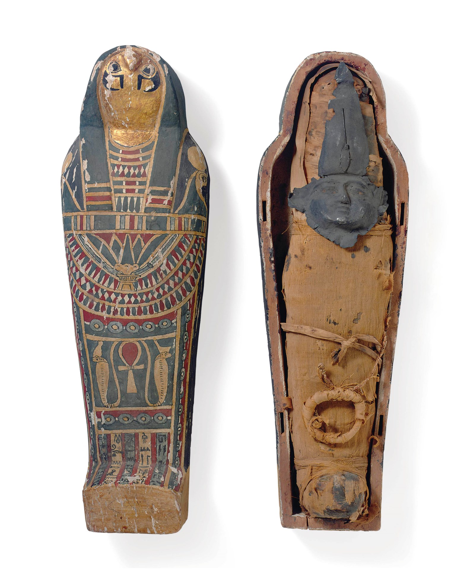 AN EGYPTIAN "CORN" MUMMY AND WOOD SARCOPHAGUS