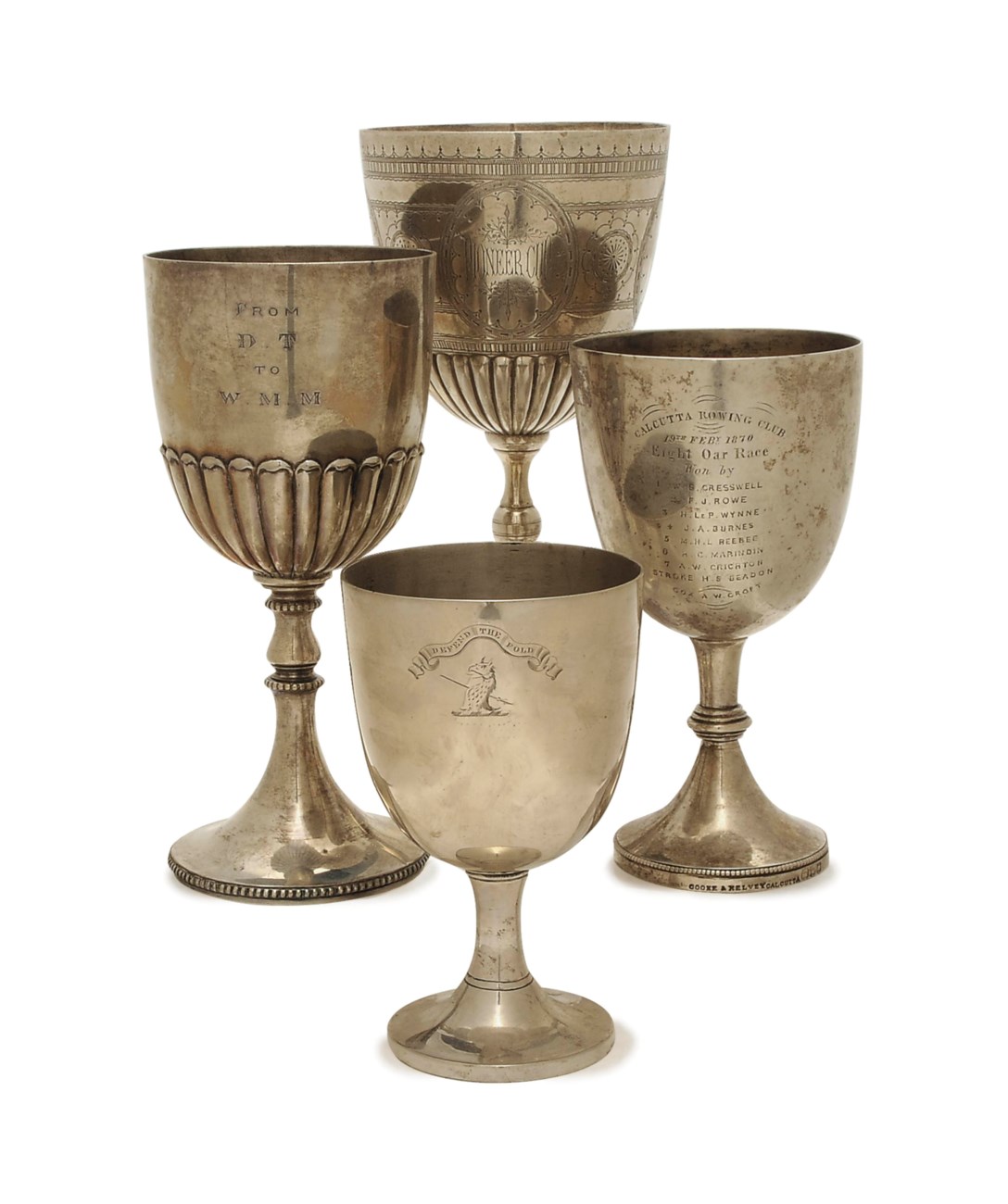 THREE COLONIAL INDIAN SILVER TROPHY GOBLETS, AND A SILVER-PLATED GOBLET ...