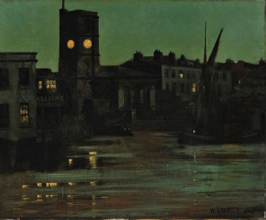 Walter Greaves (London 1846-1930) , Clock tower at dusk, Chelsea Reach ...