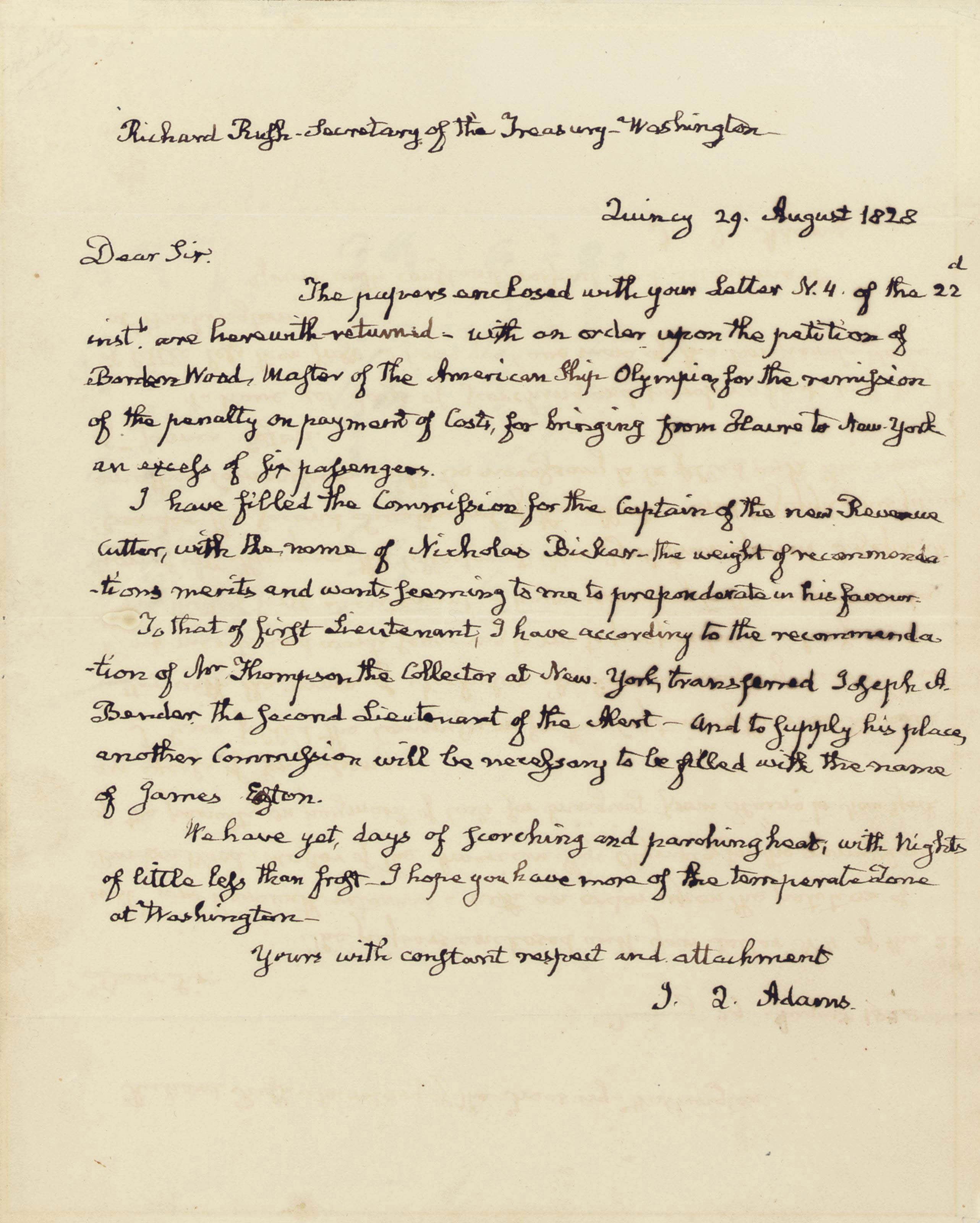 ADAMS, John Quincy, (1767-1848) President. Autograph letter signed ("J ...