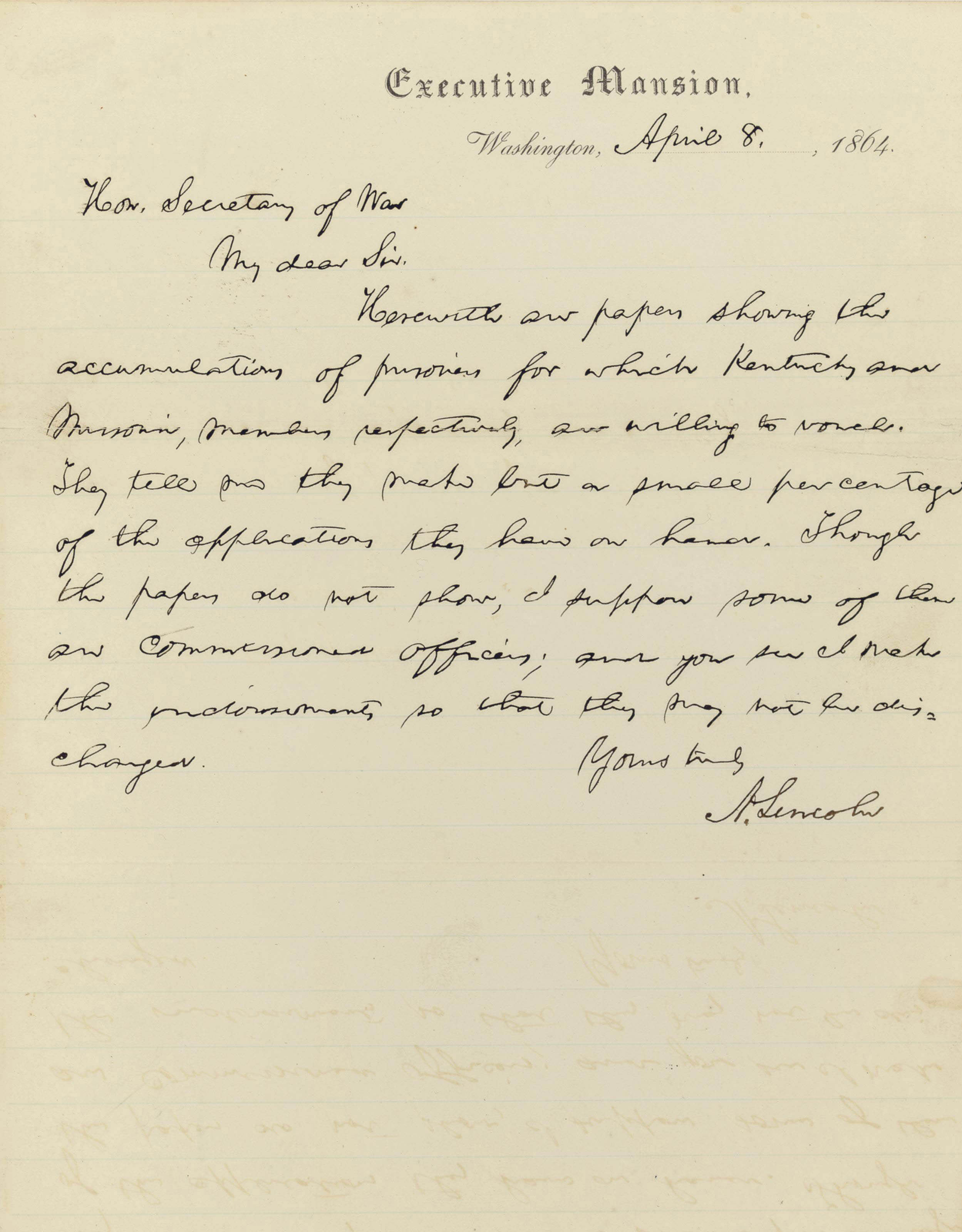 LINCOLN, Abraham. Autograph letter signed ("A. Lincoln"), as President ...
