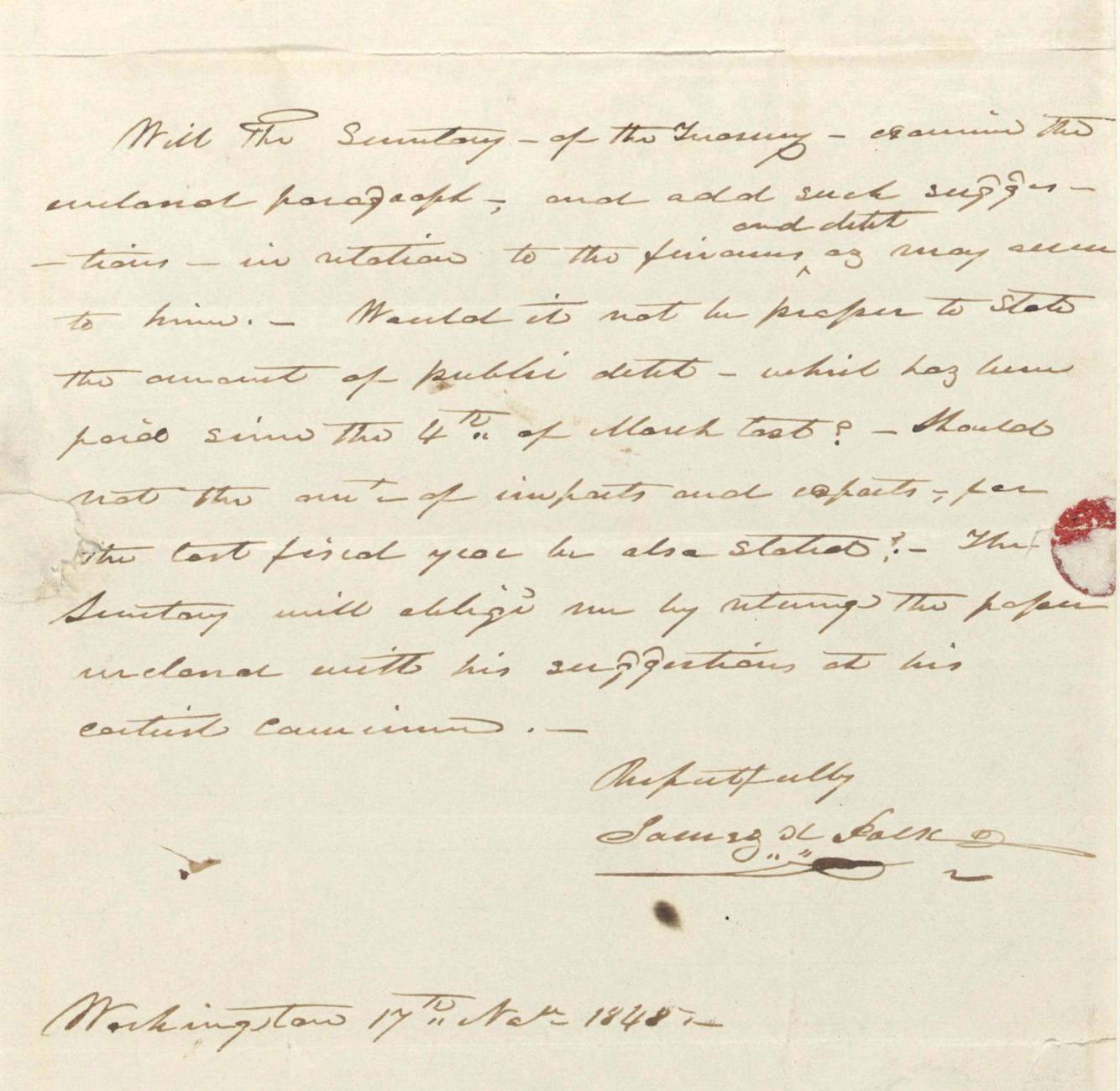POLK, James K. (1795-1849), President. Autograph letter signed ("James ...