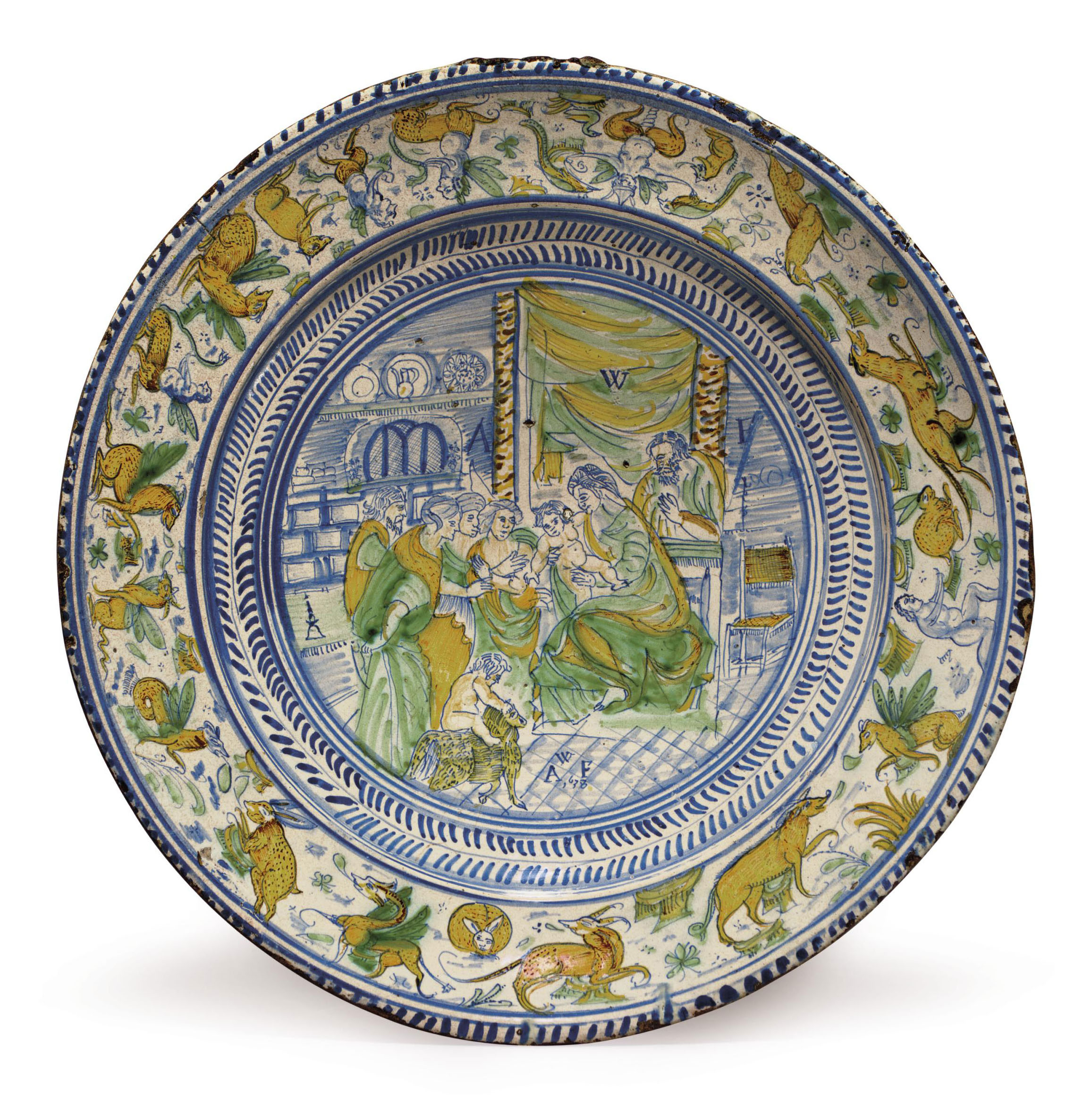 A LONDON DELFT POLYCHROME BLUE-DASH CHARGER , CIRCA 1645-1660, PROBABLY ...