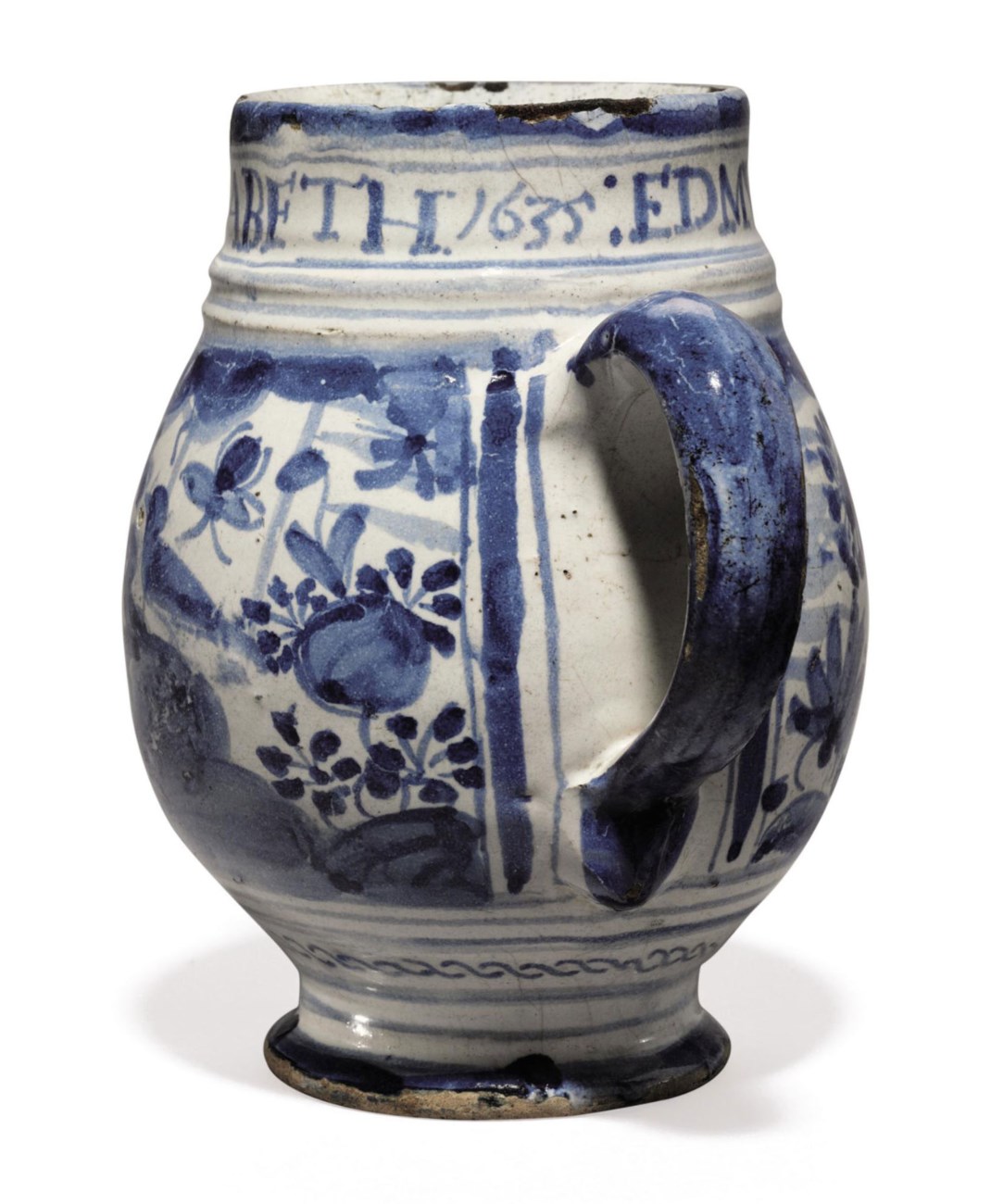 A LONDON DELFT NAMED AND DATED BLUE AND WHITE CHINOISERIE MUG , 1635 ...