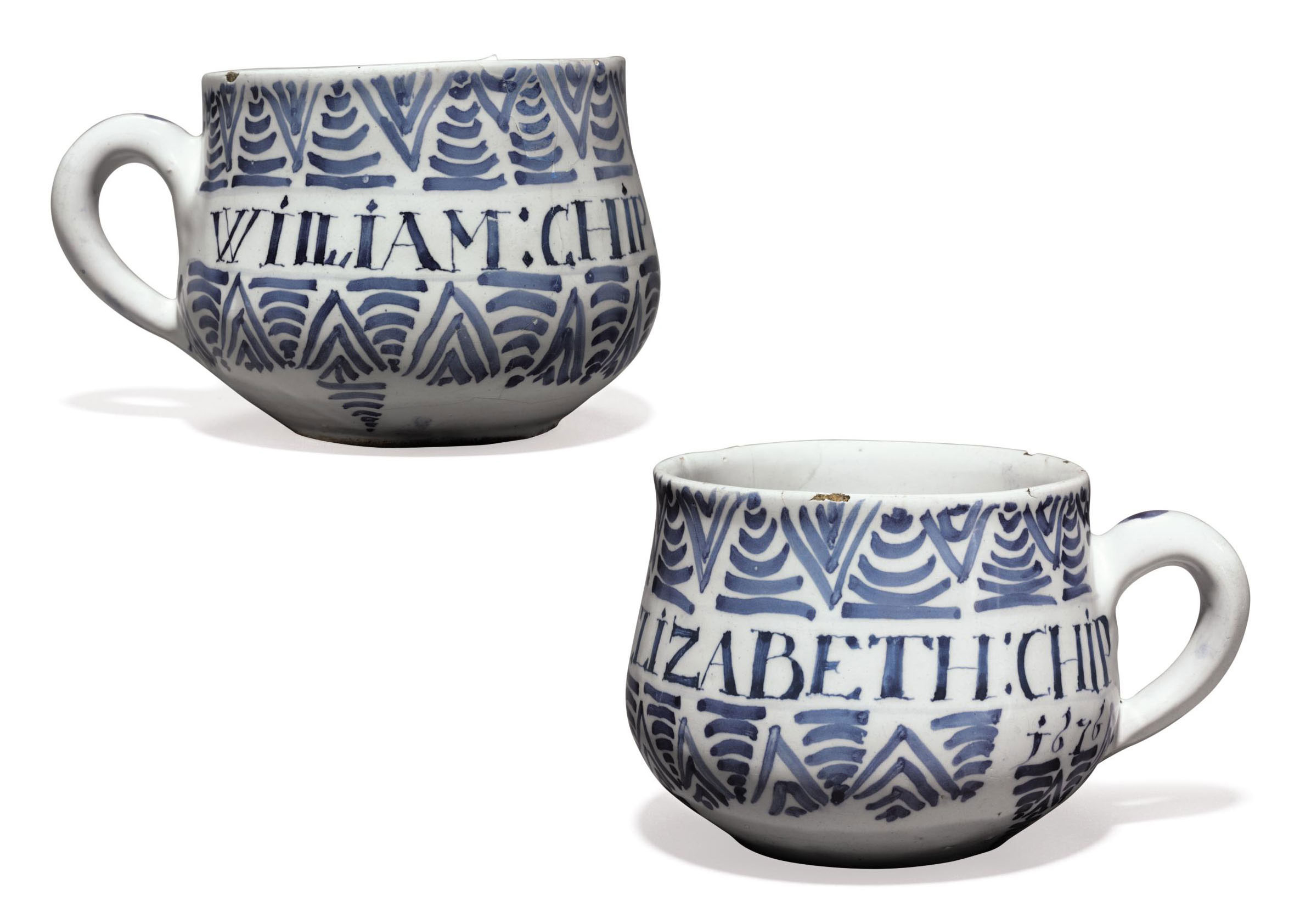 A LONDON DELFT NAMED AND DATED BLUE AND WHITE CHINOISERIE MUG , 1635 ...