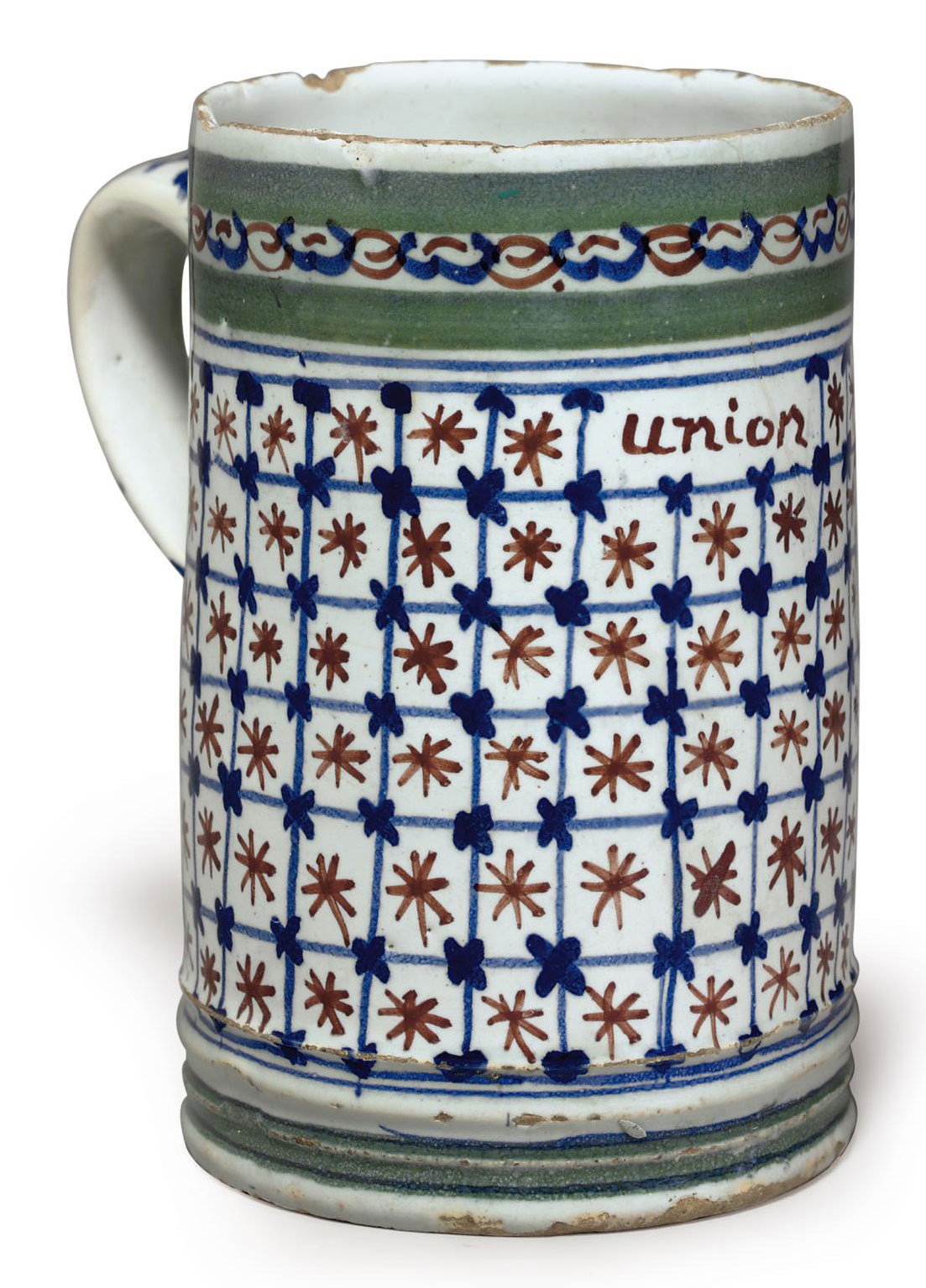 AN ENGLISH DELFT POLYCHROME 'UNION' MUG