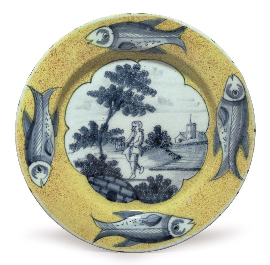 A LONDON DELFT YELLOW-GROUND PLATE , CIRCA 1745-1750, PROBABLY WILLIAM ...