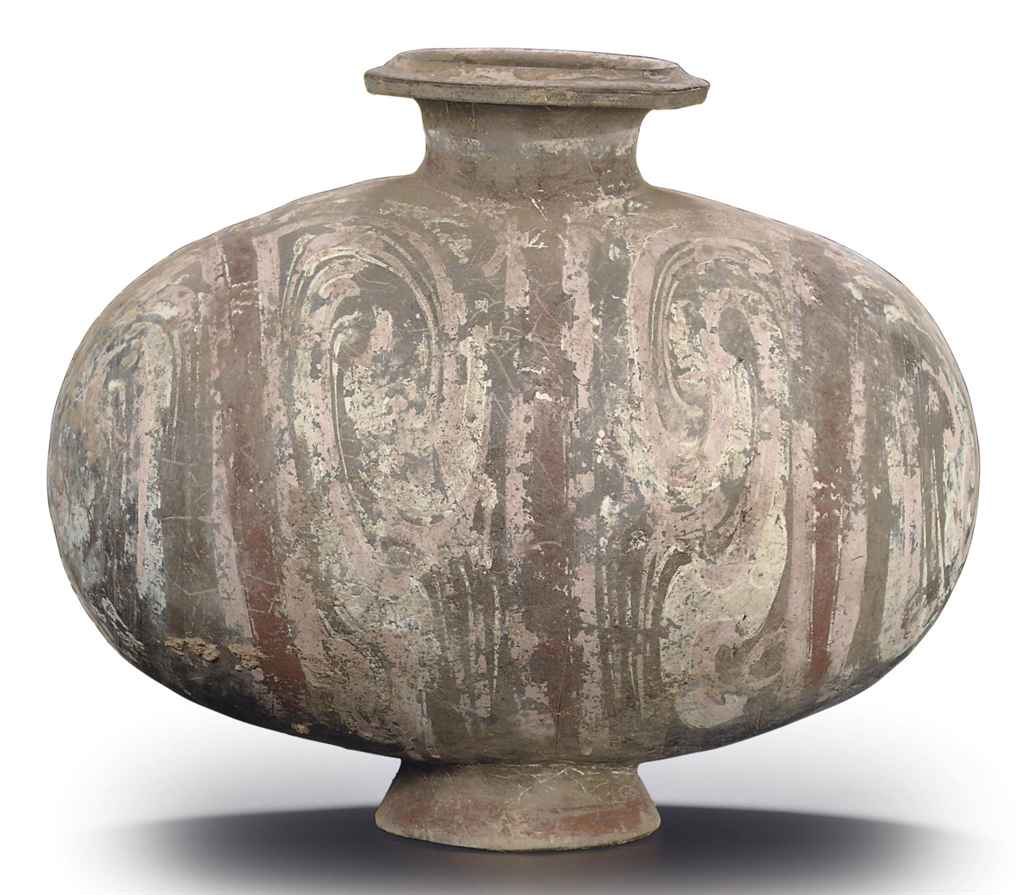 A PAINTED GREY POTTERY COCOON JAR , WESTERN HAN DYNASTY, LATE 3RD/2ND ...