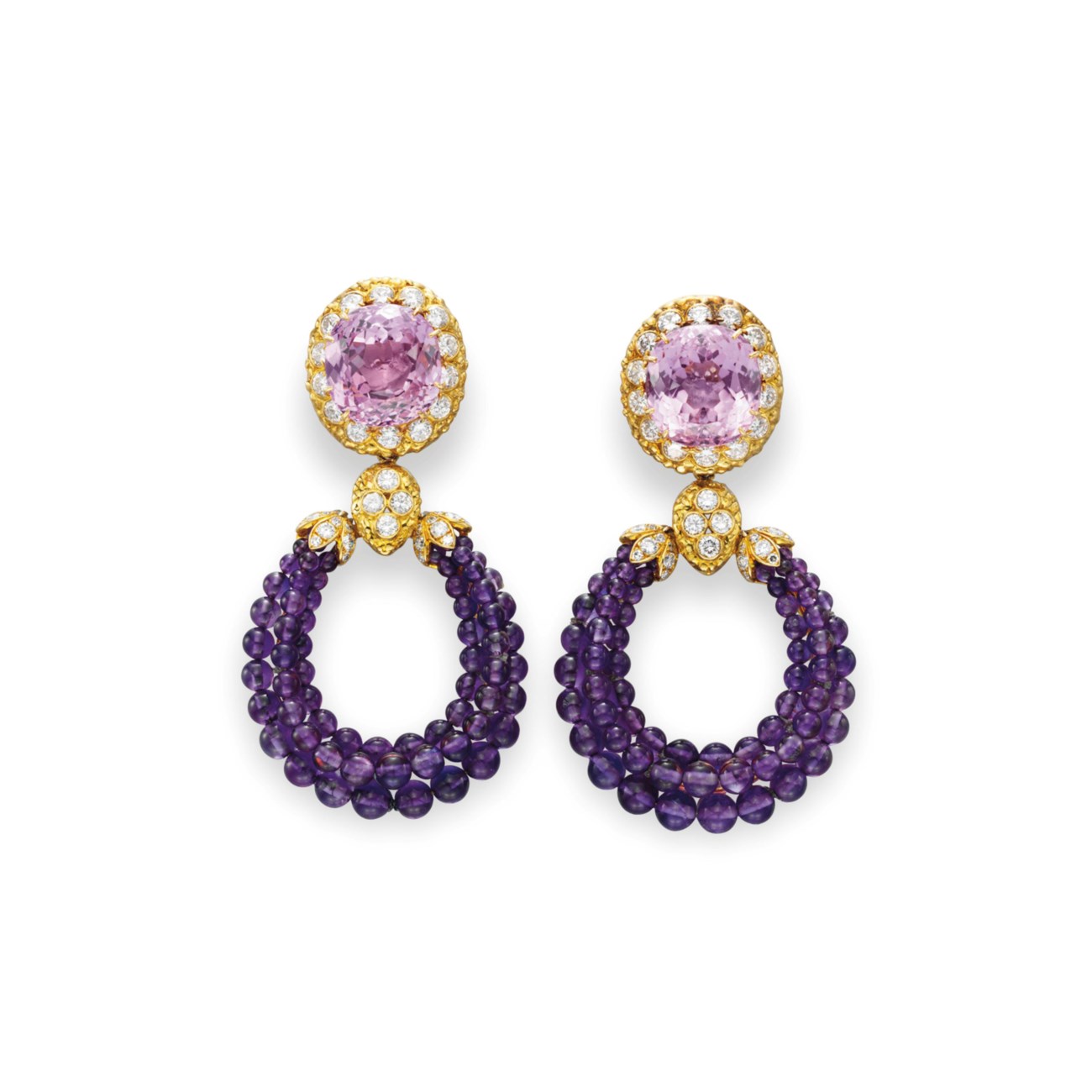 A PAIR OF KUNZITE, AMETHYST AND DIAMOND "TRIPHANES" EAR PENDANTS, BY ...