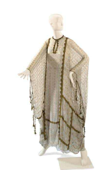 A THEA PORTER GREY CHIFFON SILVER AND GOLD BEADED CAFTAN AND SKIRT ...
