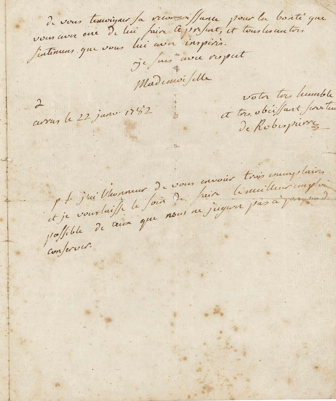 ROBESPIERRE, Maximilien de (1758-1794). Lettre autographe signée, "de ...