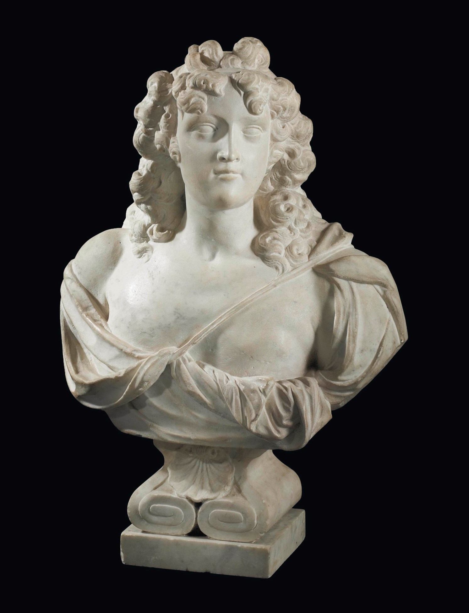 BUSTE EN MARBRE BLANC REPRESENTANT LOUIS XIV SOUS LES TRAITS D'APOLLON