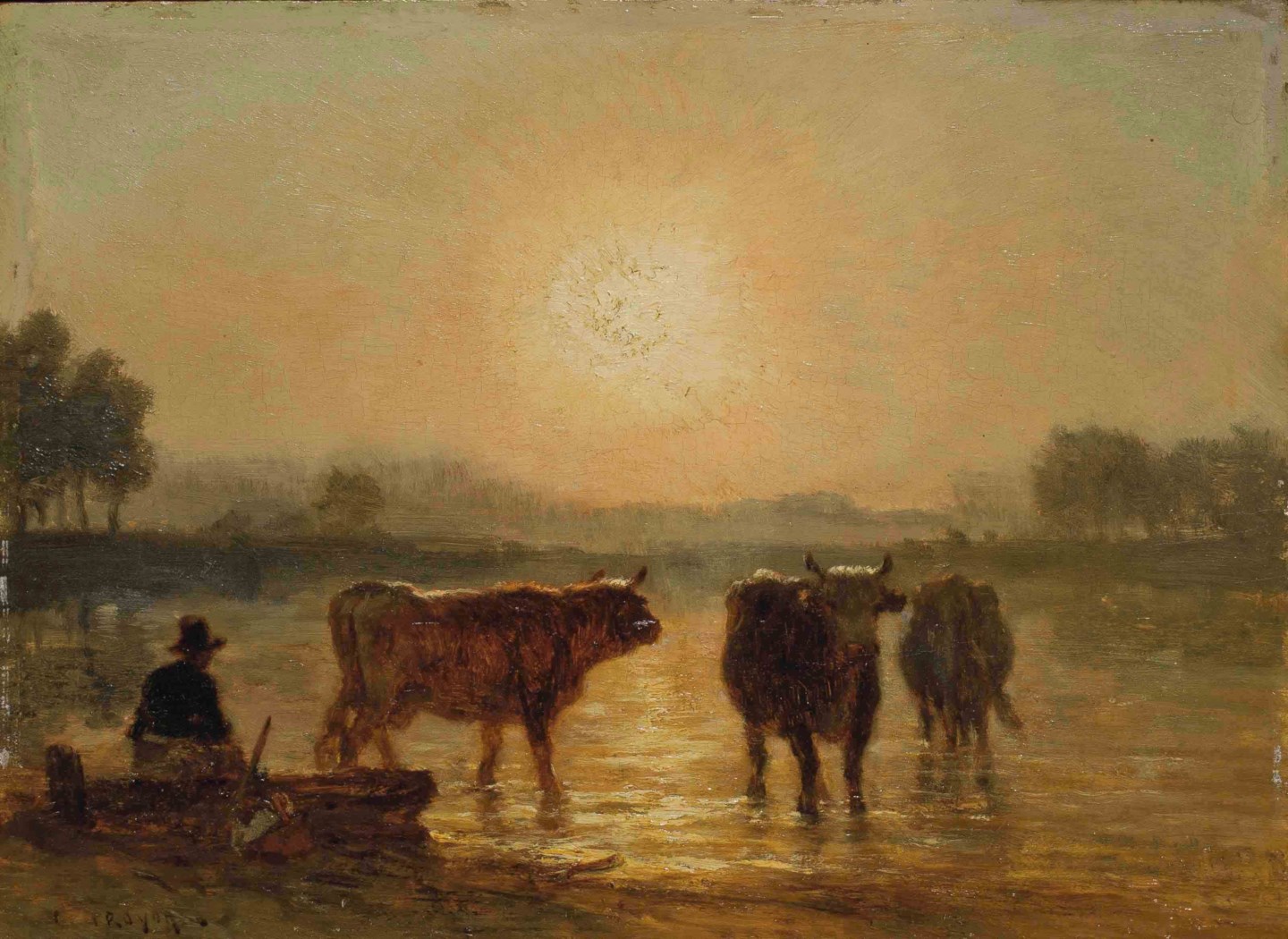 CONSTANT TROYON (SEVRES 1810-1865 PARIS) , Vaches s'abreuvant au coucher du soleil | Christie's