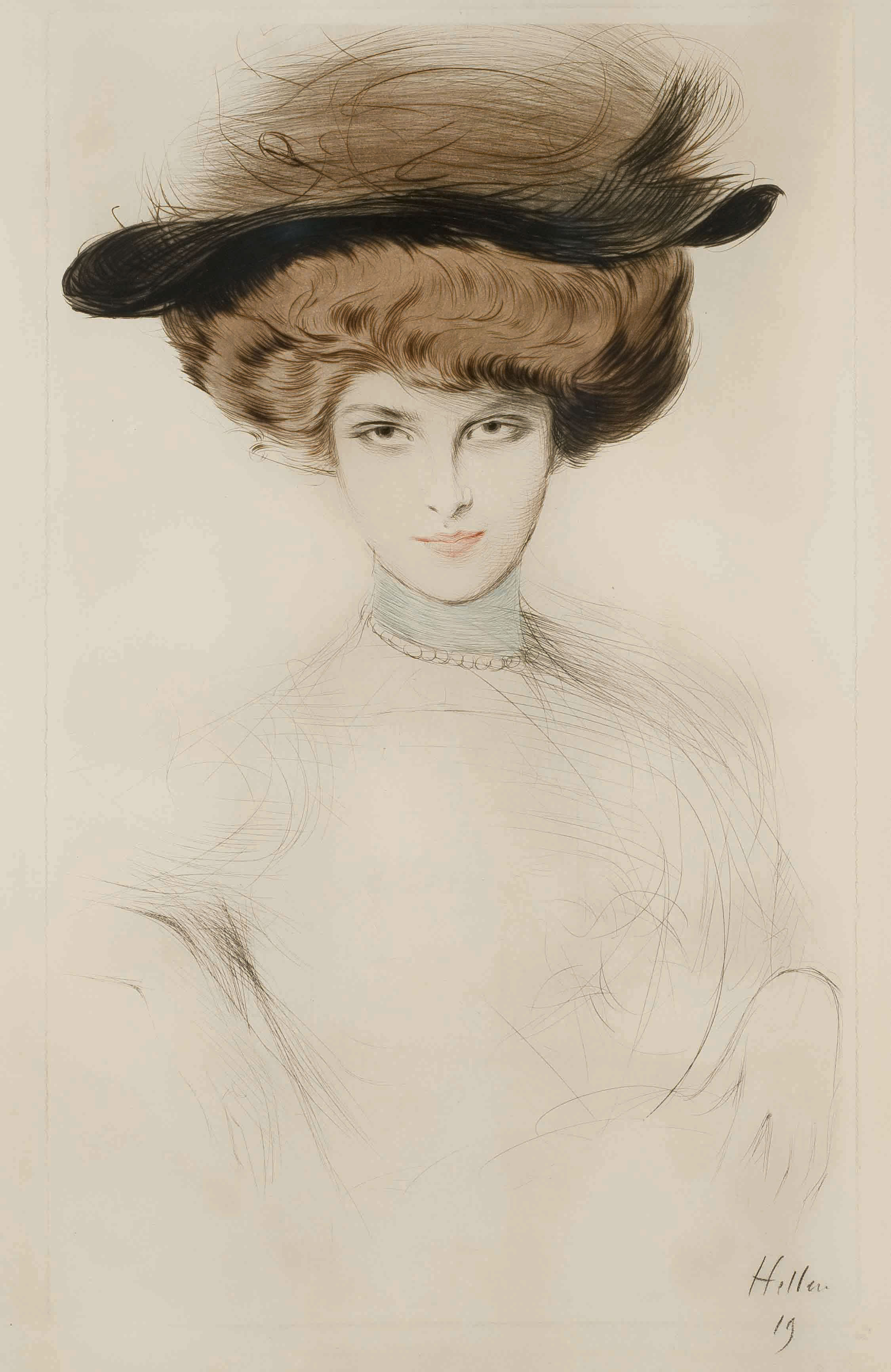 PAUL-CESAR HELLEU (1859-1927) , Elégante au chapeau de plumes | Christie's