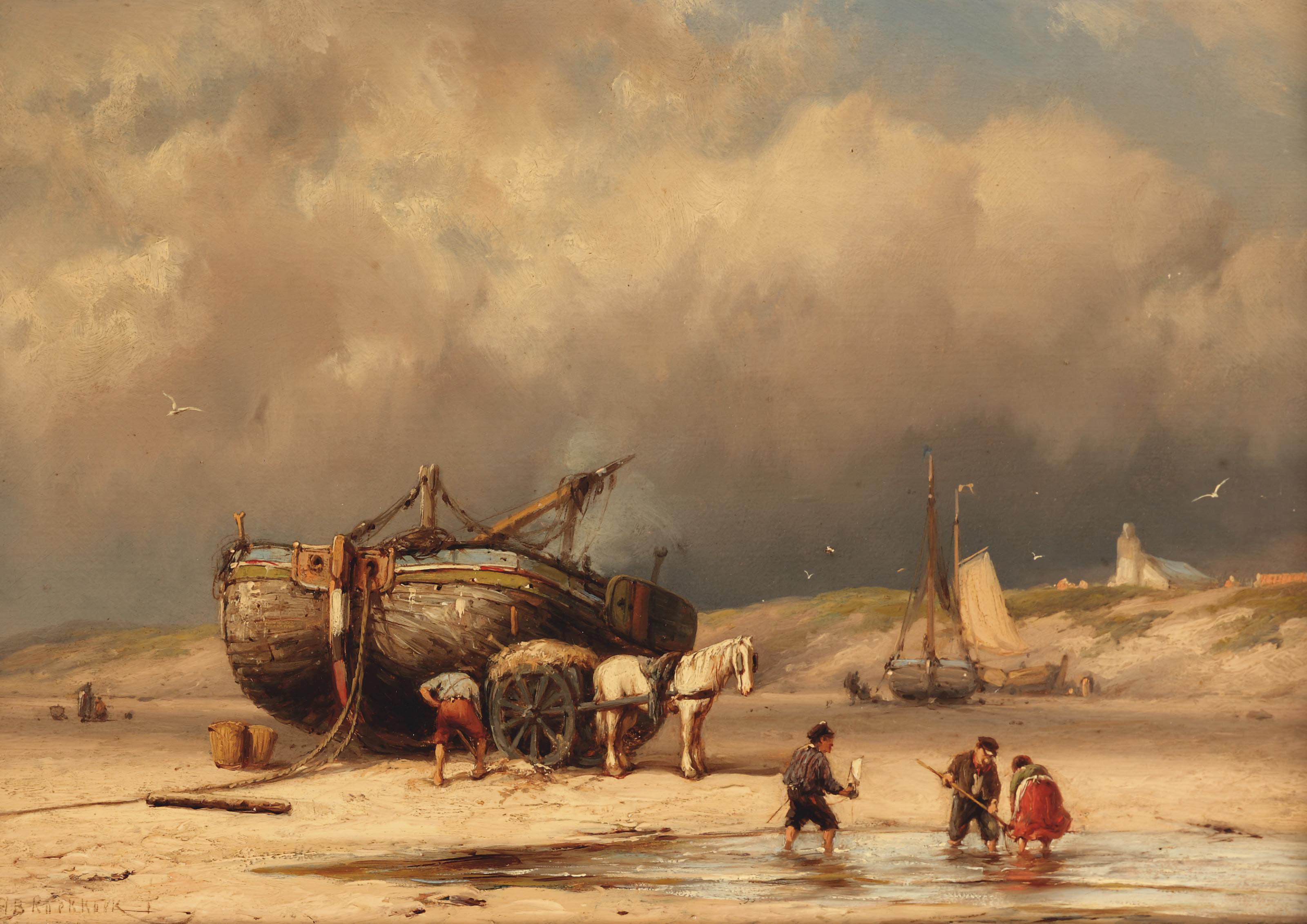 Andreas Schelfhout (The Hague 1787-1870) , Moored ships on the beach at ...