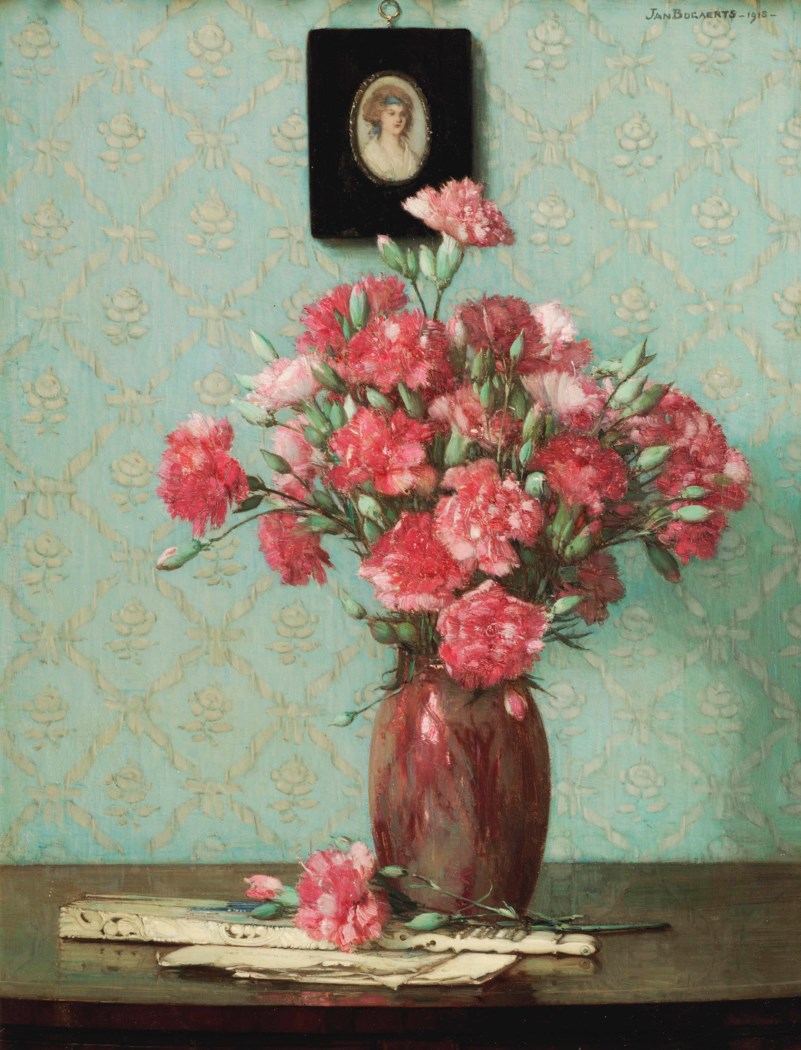 Jan Bogaerts (1878-1962) , Pink carnations with an ivory fan | Christie's