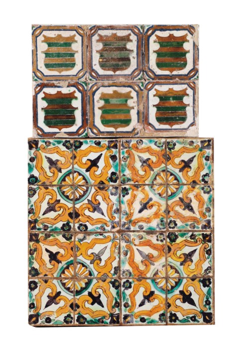 Two Spanish arista tile panels and a Moroccan majolica tile panel ...