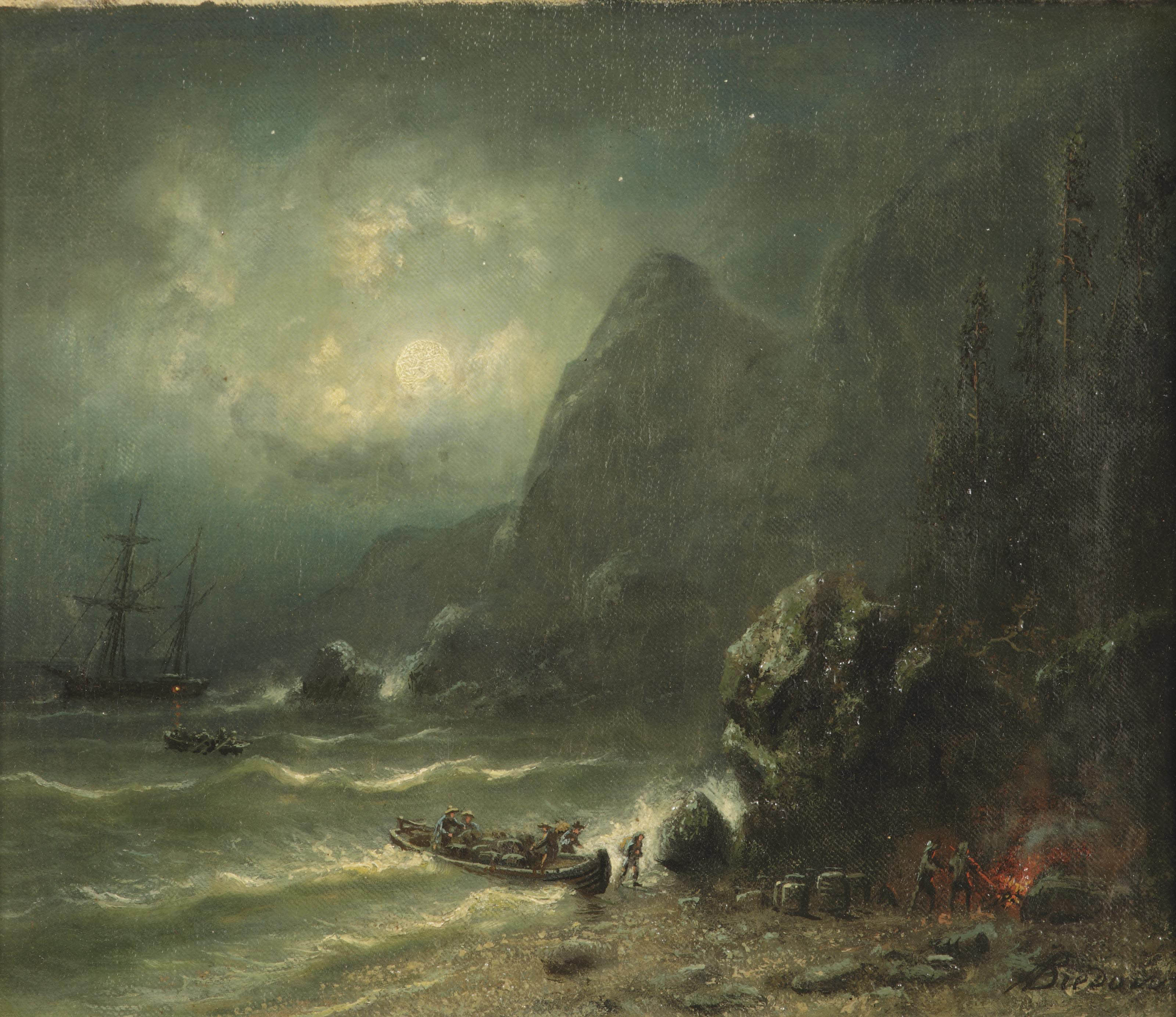 Albert Bredow (Russian 1828-1899) , Unloading a ship on a seashore by ...