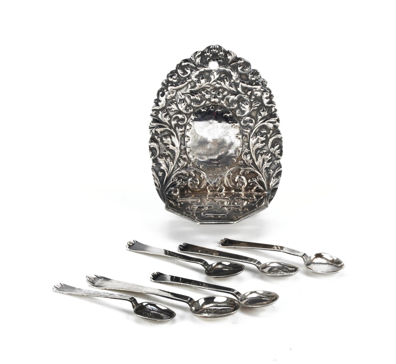 A Dutch silver miniature spoon rack with six spoons , POSSIBLY 'MEESTER ...