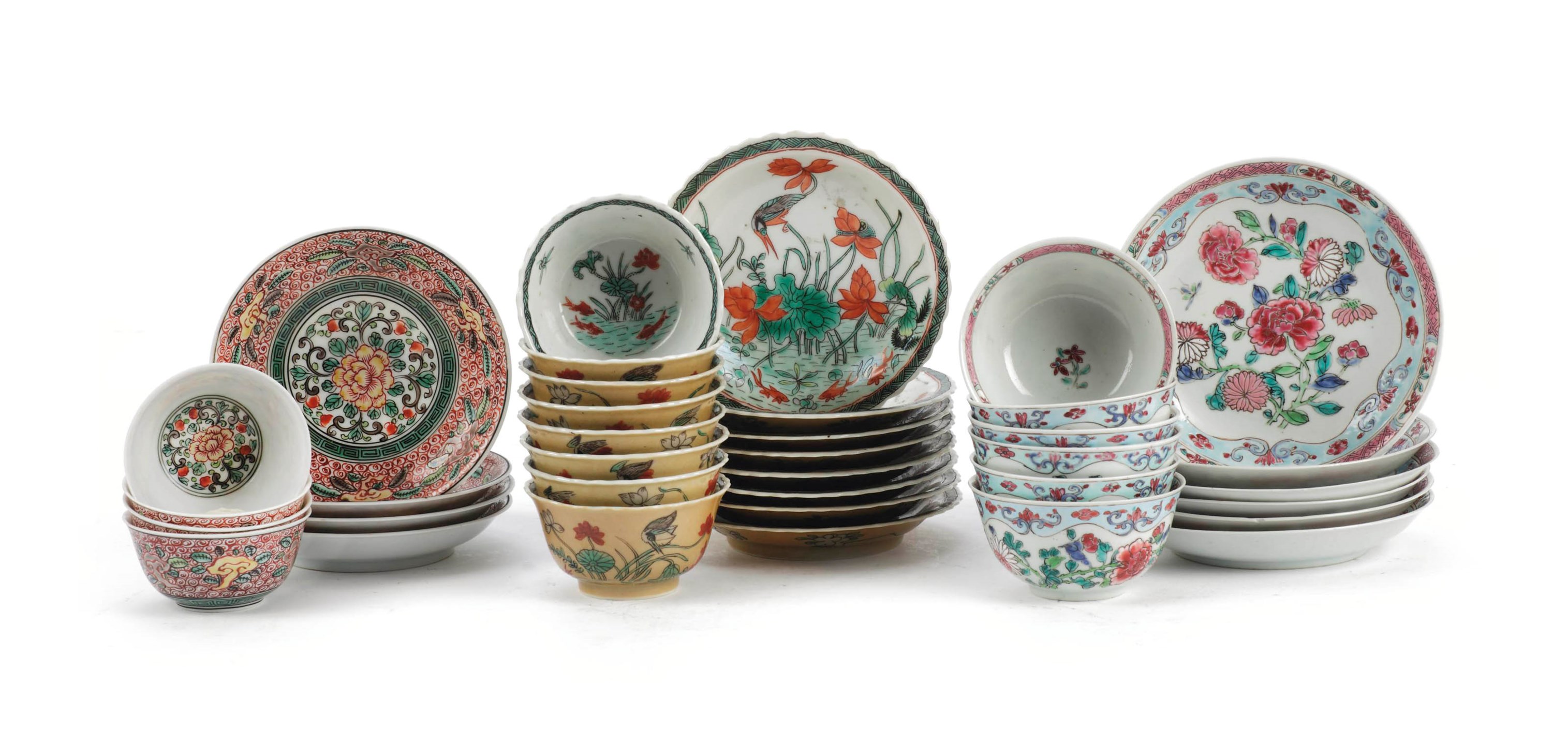 Three Chinese sets of cups and saucers and a set of saucers , KANGXI ...