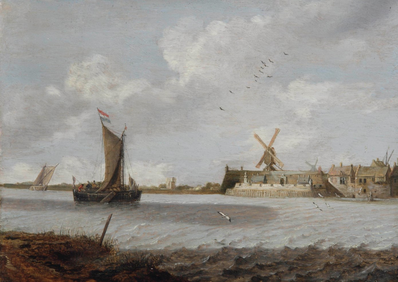 Dutch School, c. 1650 , Sailing vessels on a river near the ...
