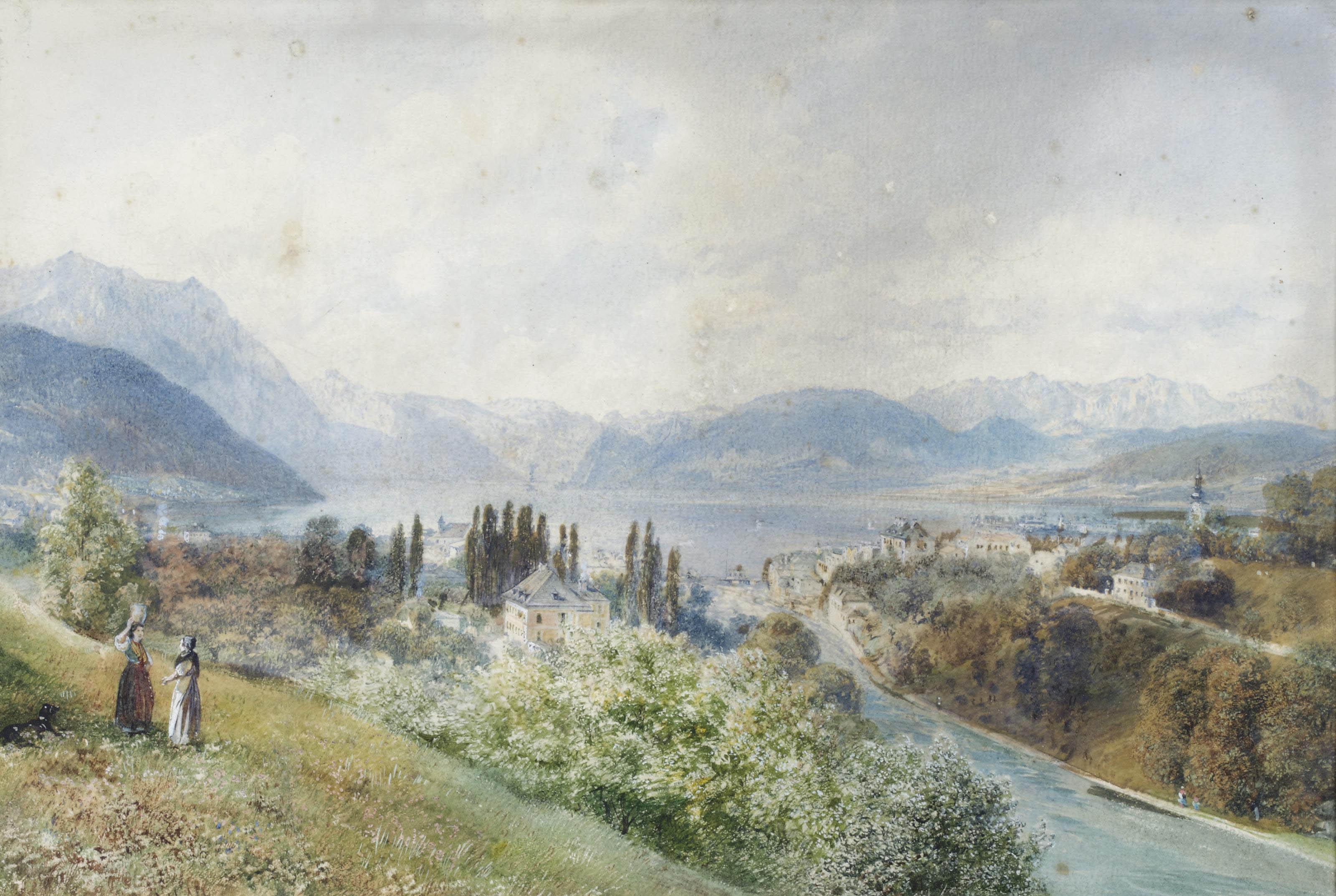 Rudolph von Alt (Vienna 1812-1905) , A view of Gmunden, Austria ...