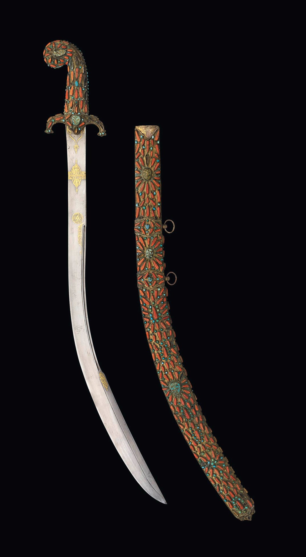 A CORAL AND TURQUOISE INLAID SWORD (KILIJ)