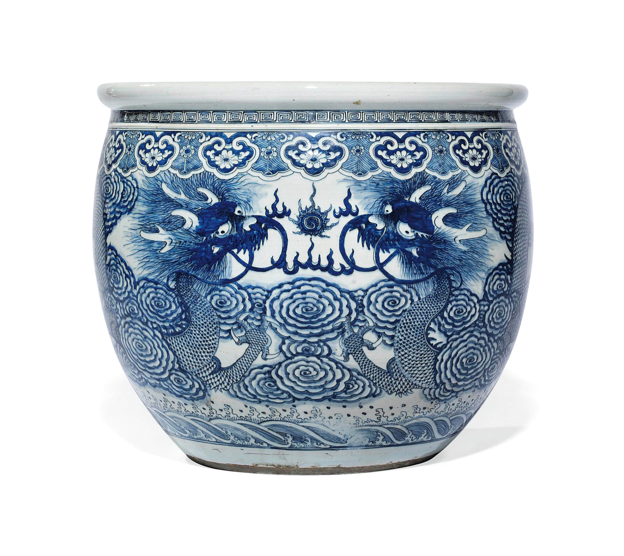 A LARGE BLUE AND WHITE 'DRAGON' FISH BOWL , LATE QING DYNASTY, 19TH ...