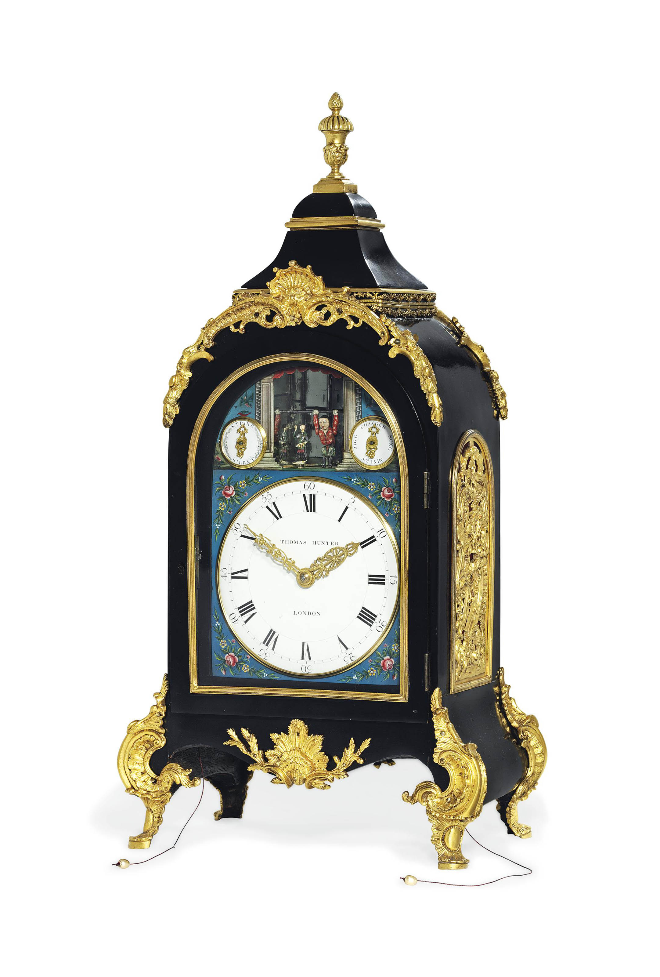 A GEORGE III ORMOLU-MOUNTED EBONISED EIGHT-DAY STRIKING, MUSICAL AND ...