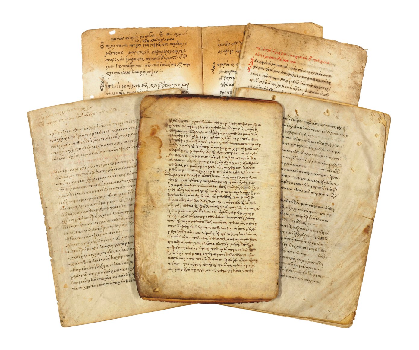 FIVE GATHERINGS FROM LITURGICAL MANUSCRIPTS, in Greek, DECORATED ...