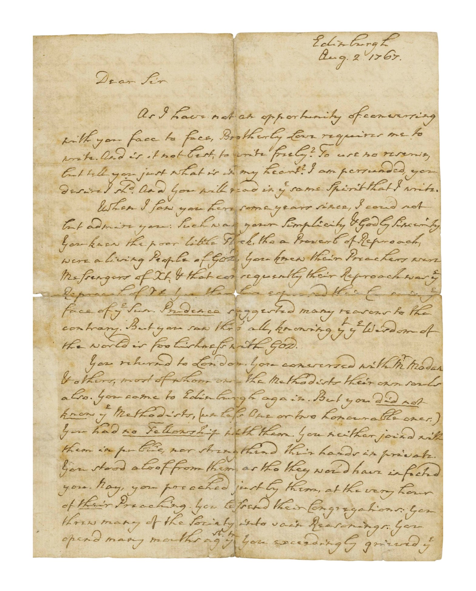WESLEY, John (1703-1791). Autograph letter signed ('John Wesley') to ...