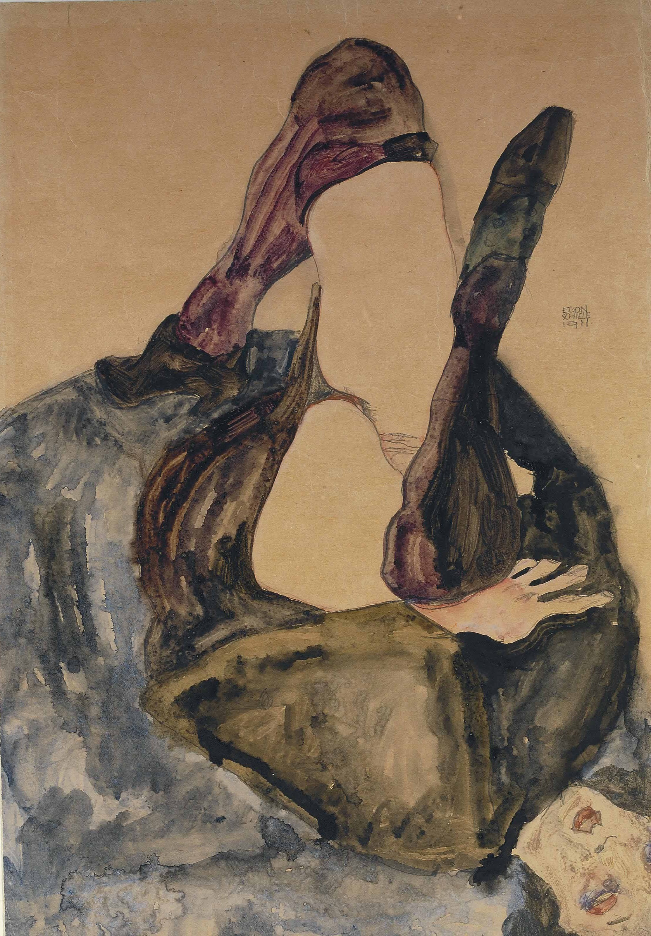 Egon Schiele (1890-1918) , Frau mit erhobenem Bein und lila Strümpfen ...