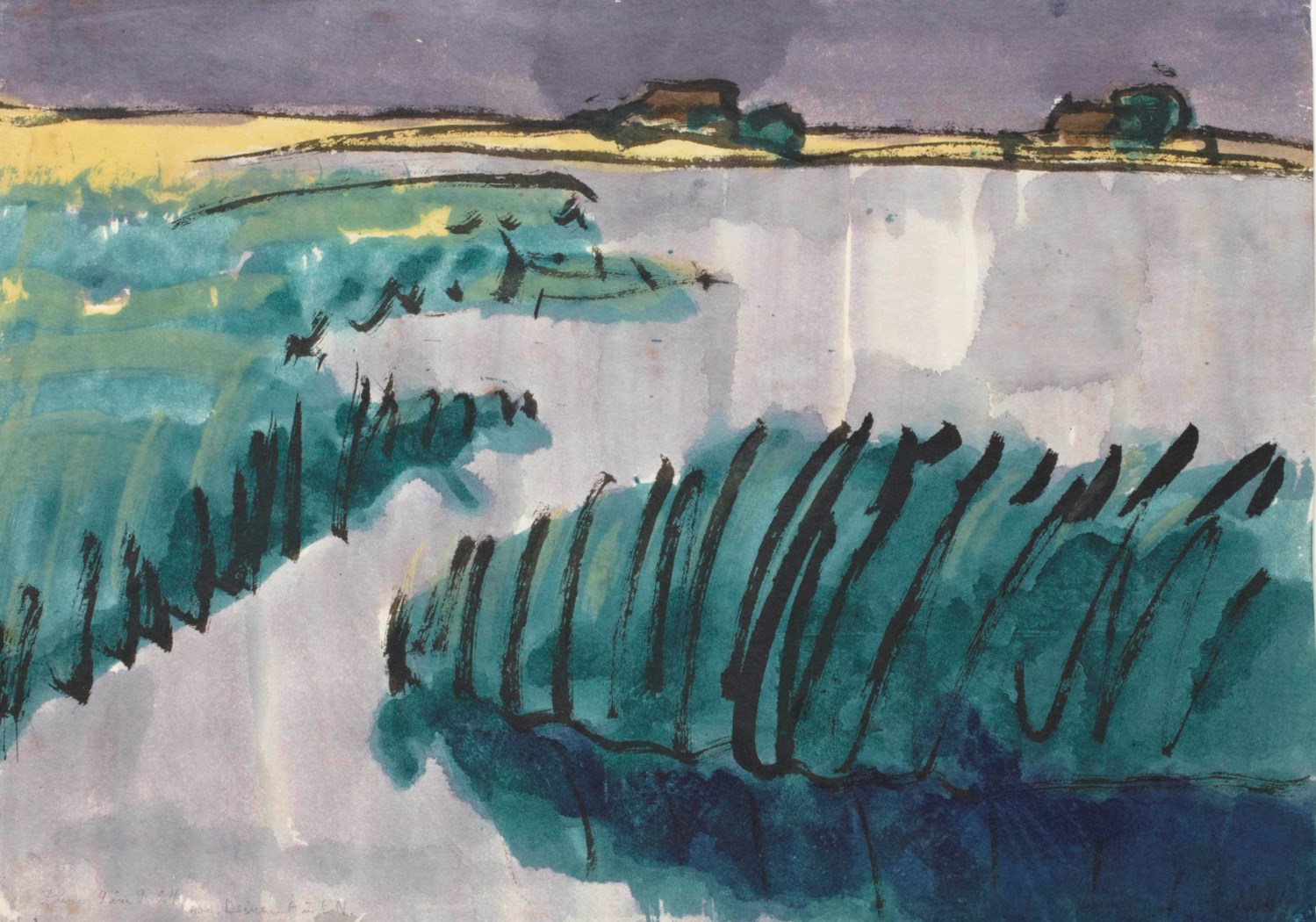 Emil Nolde (1867-1956) , Marschlandschaft (Wasser, Schilf am See, zwei ...