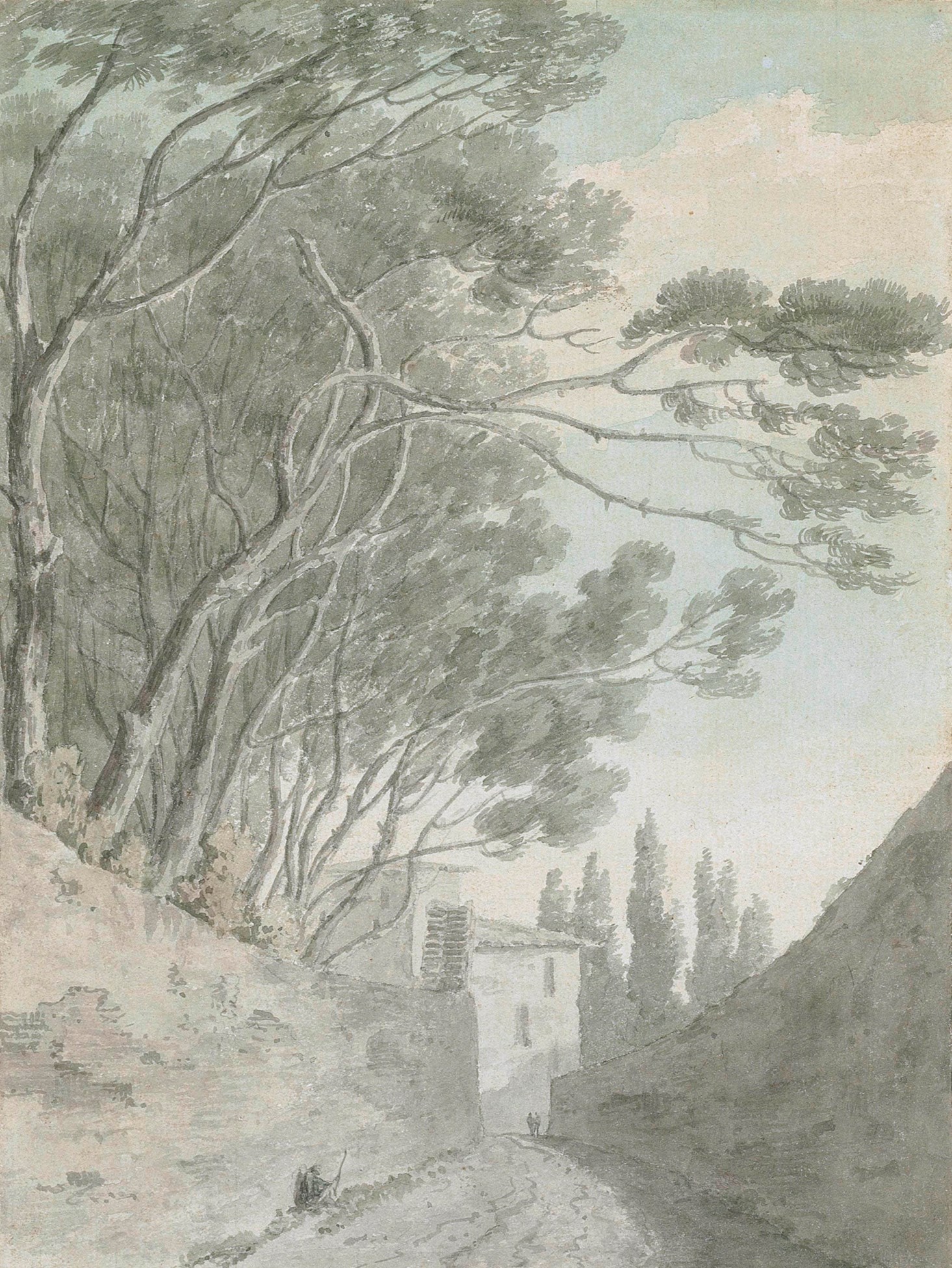 John Robert Cozens (London 1752-1799) , On a lane near the Porta ...