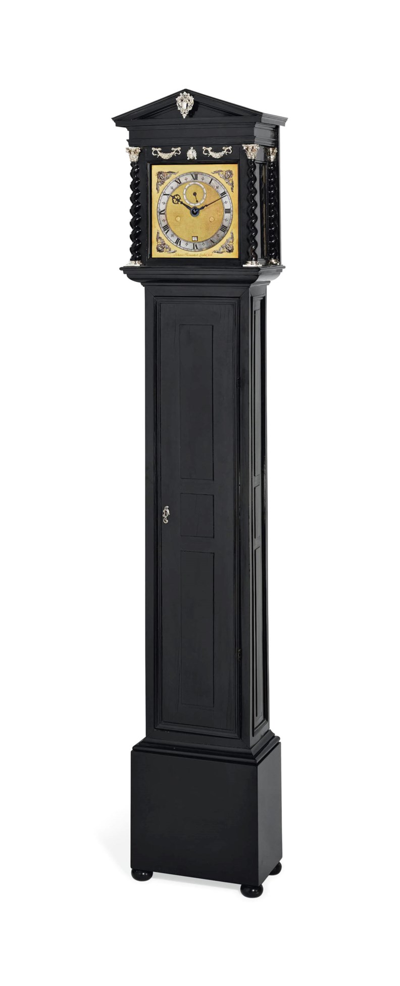 A CHARLES II SILVER-MOUNTED EBONY STRIKING ARCHITECTURAL LONGCASE CLOCK ...