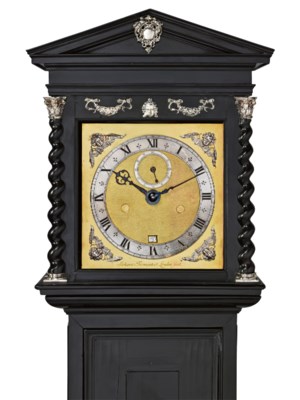 A CHARLES II SILVER-MOUNTED EBONY STRIKING ARCHITECTURAL LONGCASE CLOCK ...