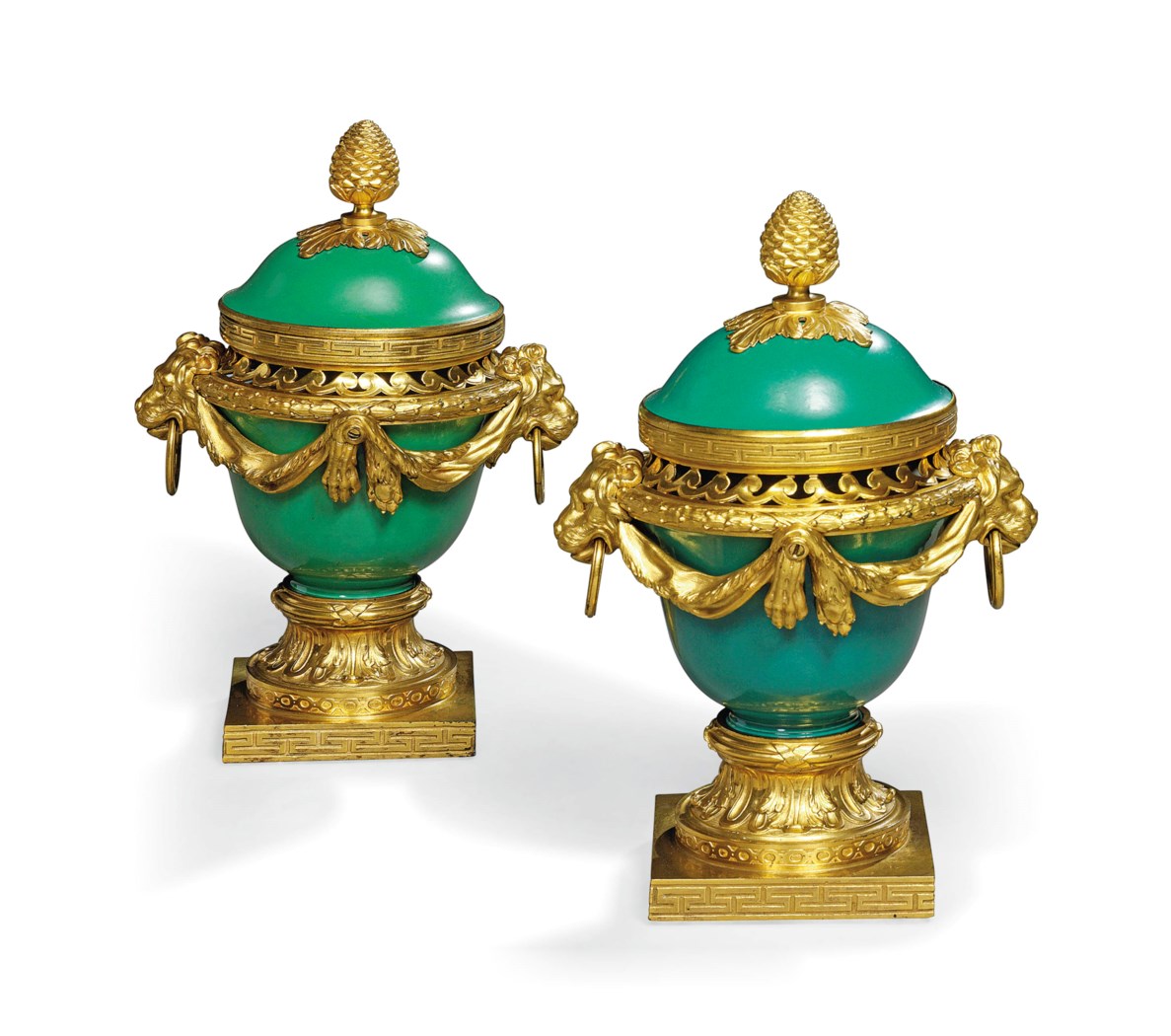 A PAIR OF LOUIS XVI ORMOLU AND APPLE-GREEN SEVRES PORCELAIN POT-POURRI ...