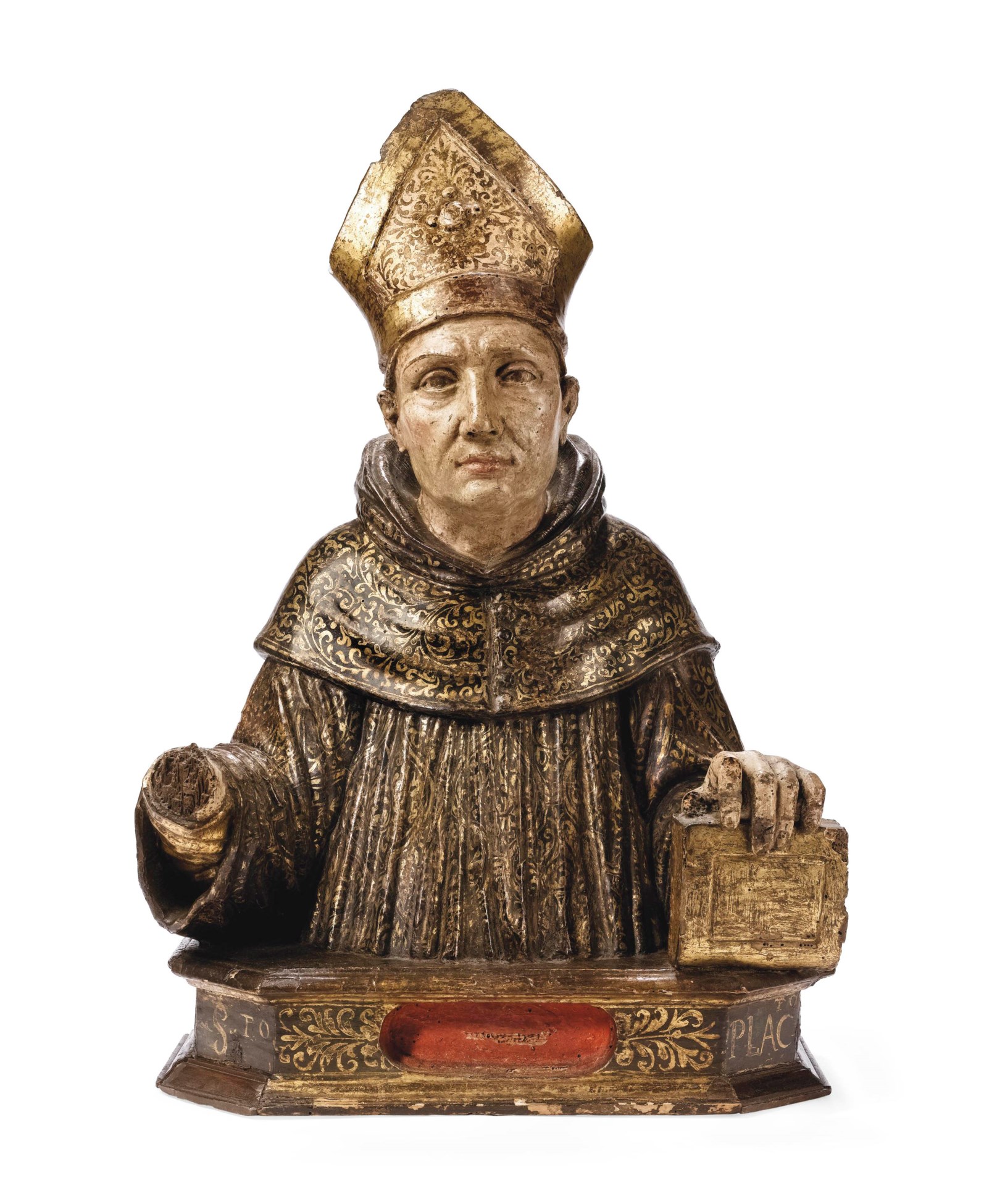 A PARCEL-GILT POLYCHROME CARVED WOOD RELIQUARY BUST OF ST PLACIDO ...