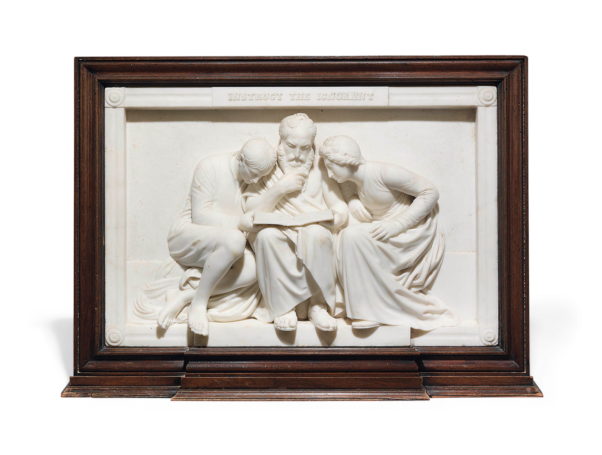 AN ENGLISH WHITE MARBLE BAS-RELIEF, ENTITLED 'INSTRUCT THE IGNORANT'
