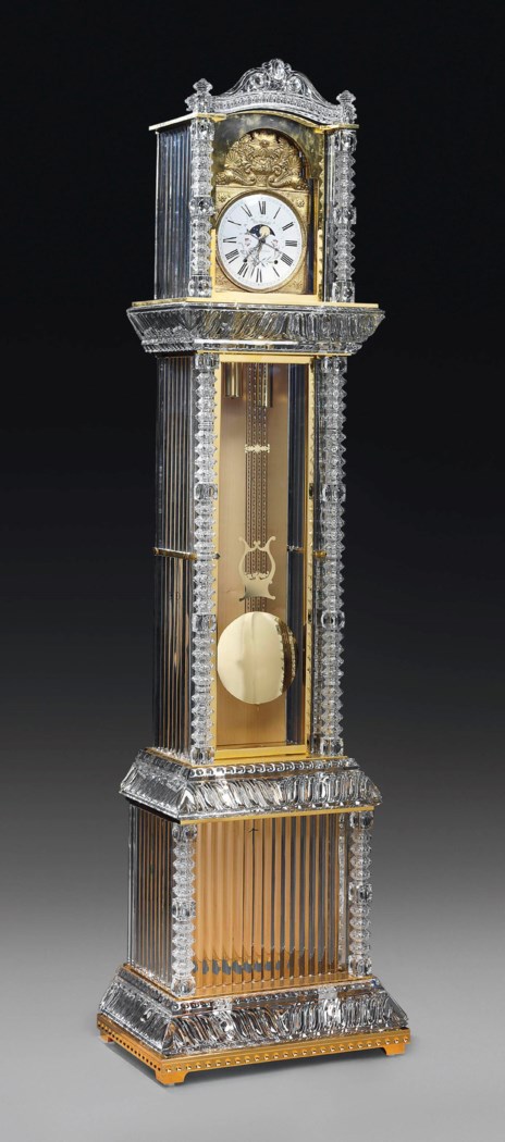 A LARGE FRENCH GILT-METAL AND CRYSTAL LONGCASE CLOCK , BY BACCARAT ...
