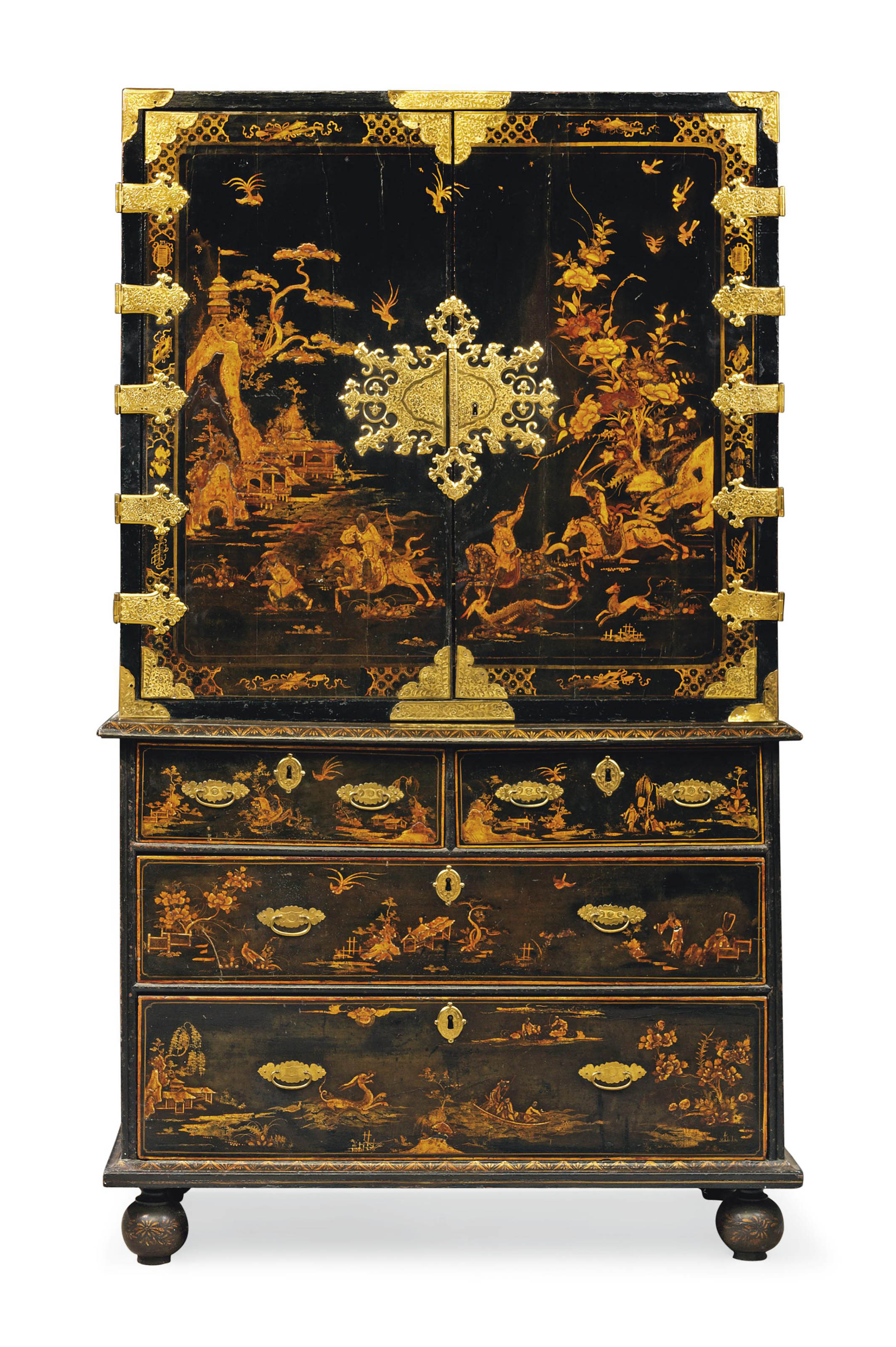 A GEORGE I GILT-BRASS-MOUNTED JAPANNED CABINET-ON-CHEST , CIRCA 1720-30 ...