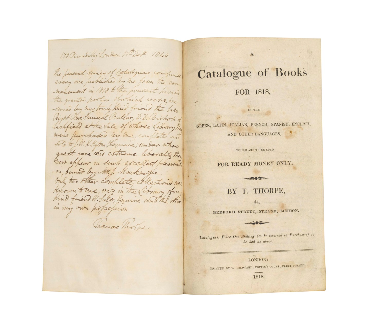 THORPE, Thomas (book seller). A full run of book and manuscript ...