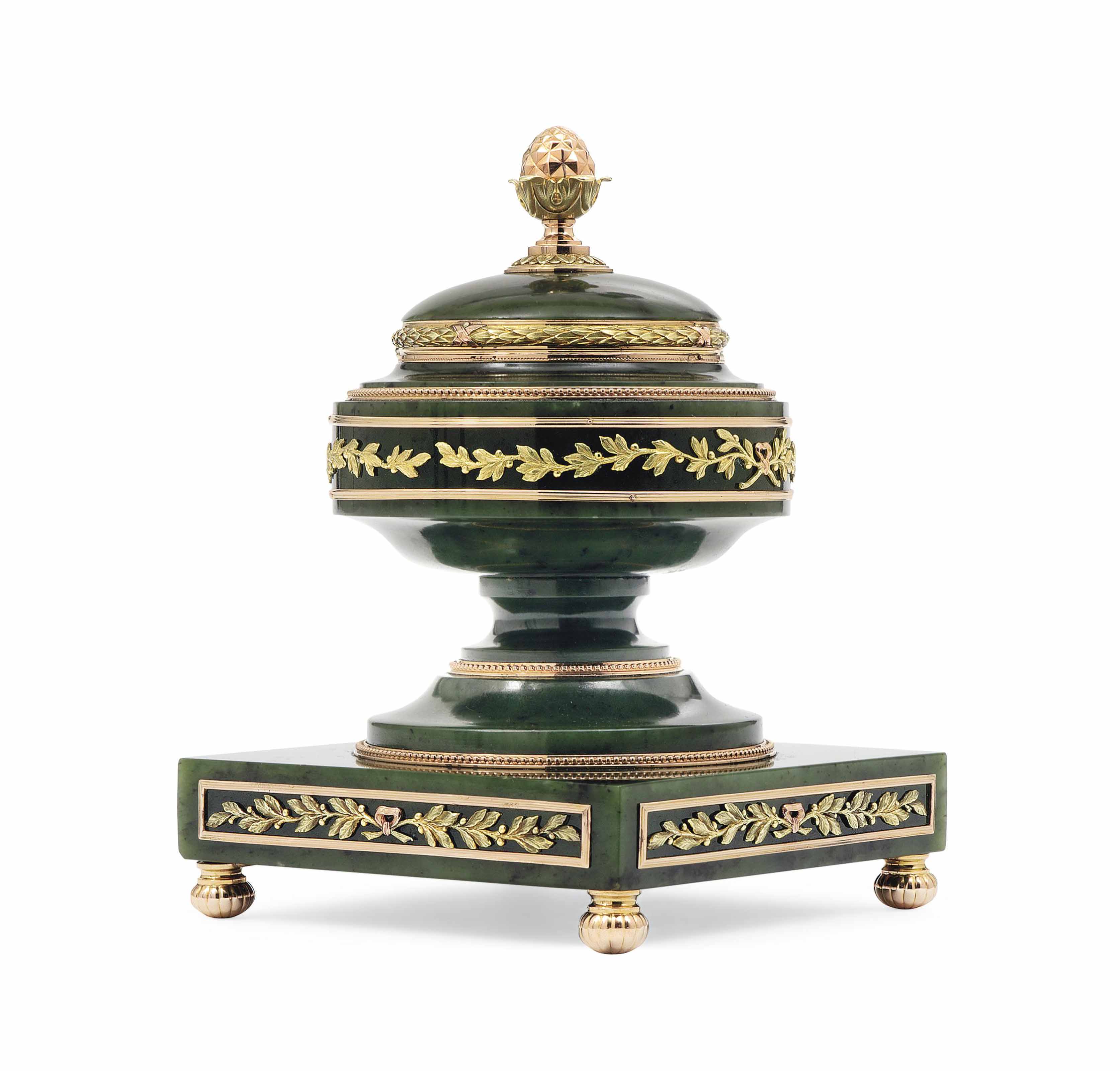 A JEWELLED GOLD-MOUNTED NEPHRITE BOX , BY FABERGÉ, WITH THE WORKMASTER ...