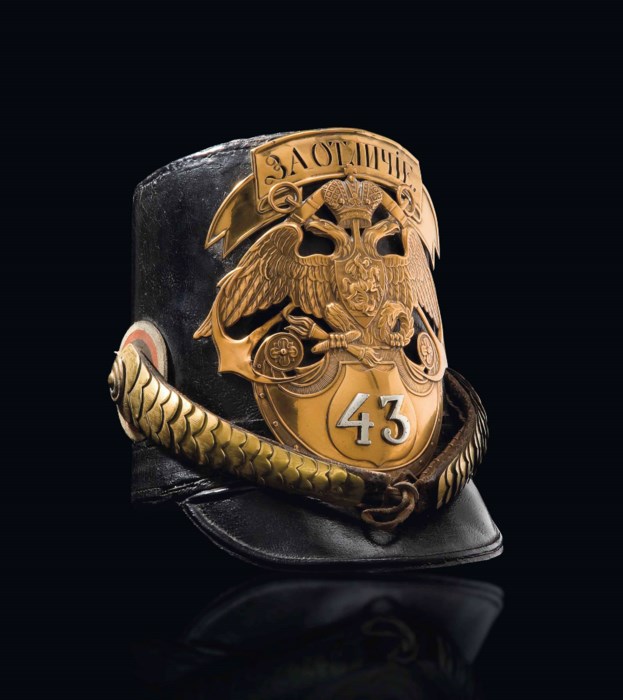 A RUSSIAN SOLDIER'S SHAKO OF THE 43RD FLEET EQUIPAGE , RUSSIA, LATE ...
