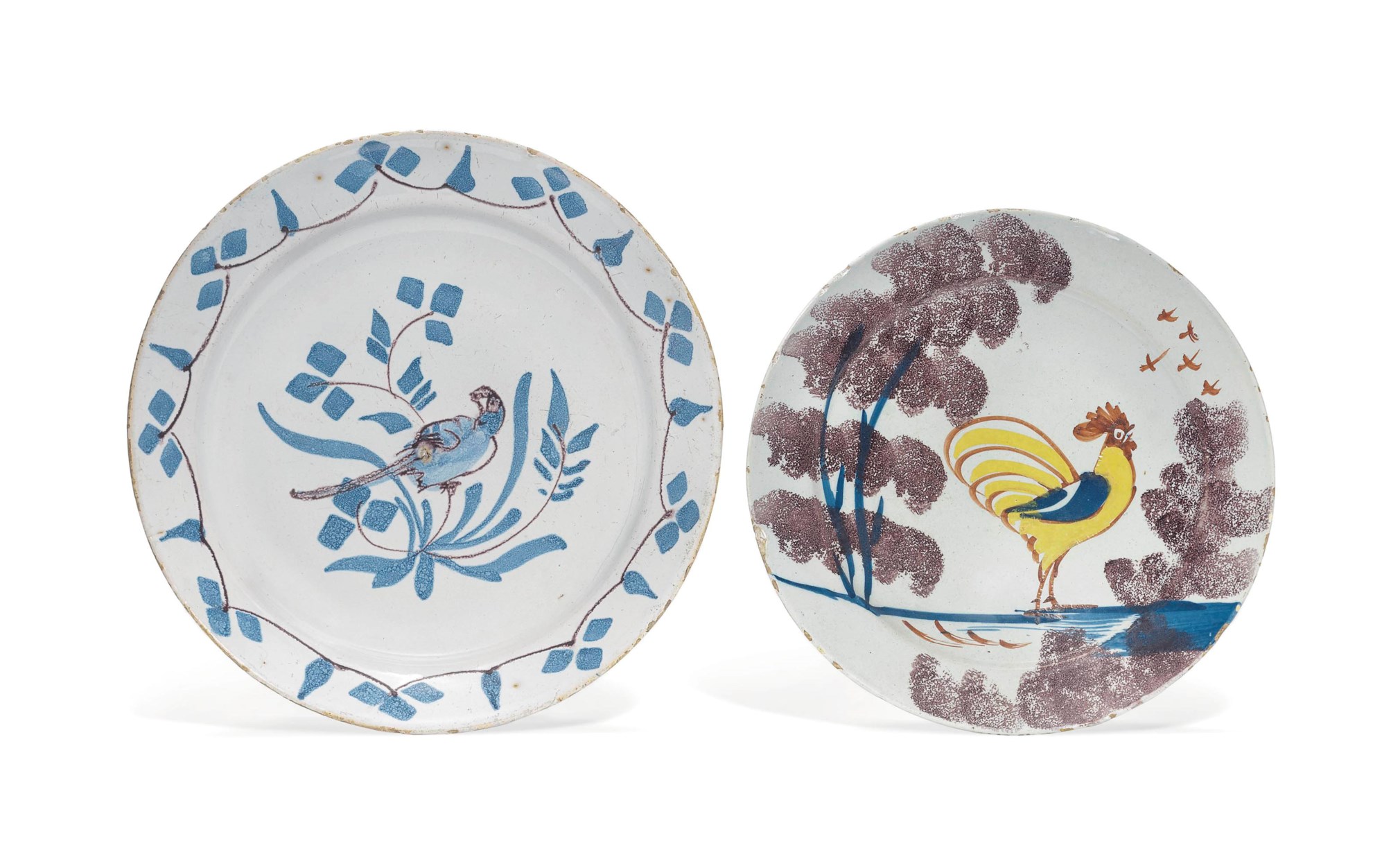 TWO ENGLISH DELFT POLYCHROME PLATES PAINTED WITH BIRDS
