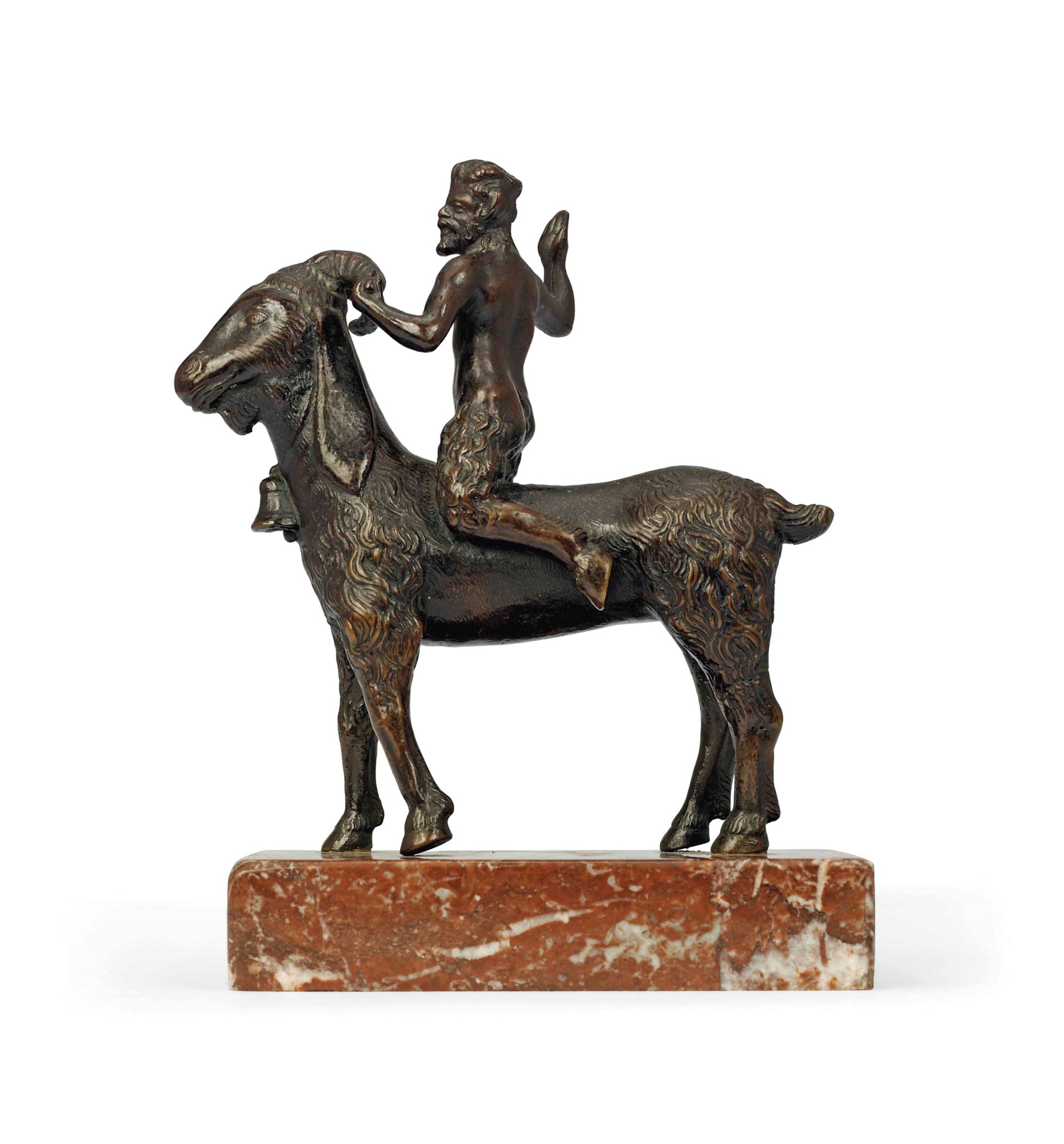 A BRONZE GROUP OF A SATYR RIDING A GOAT