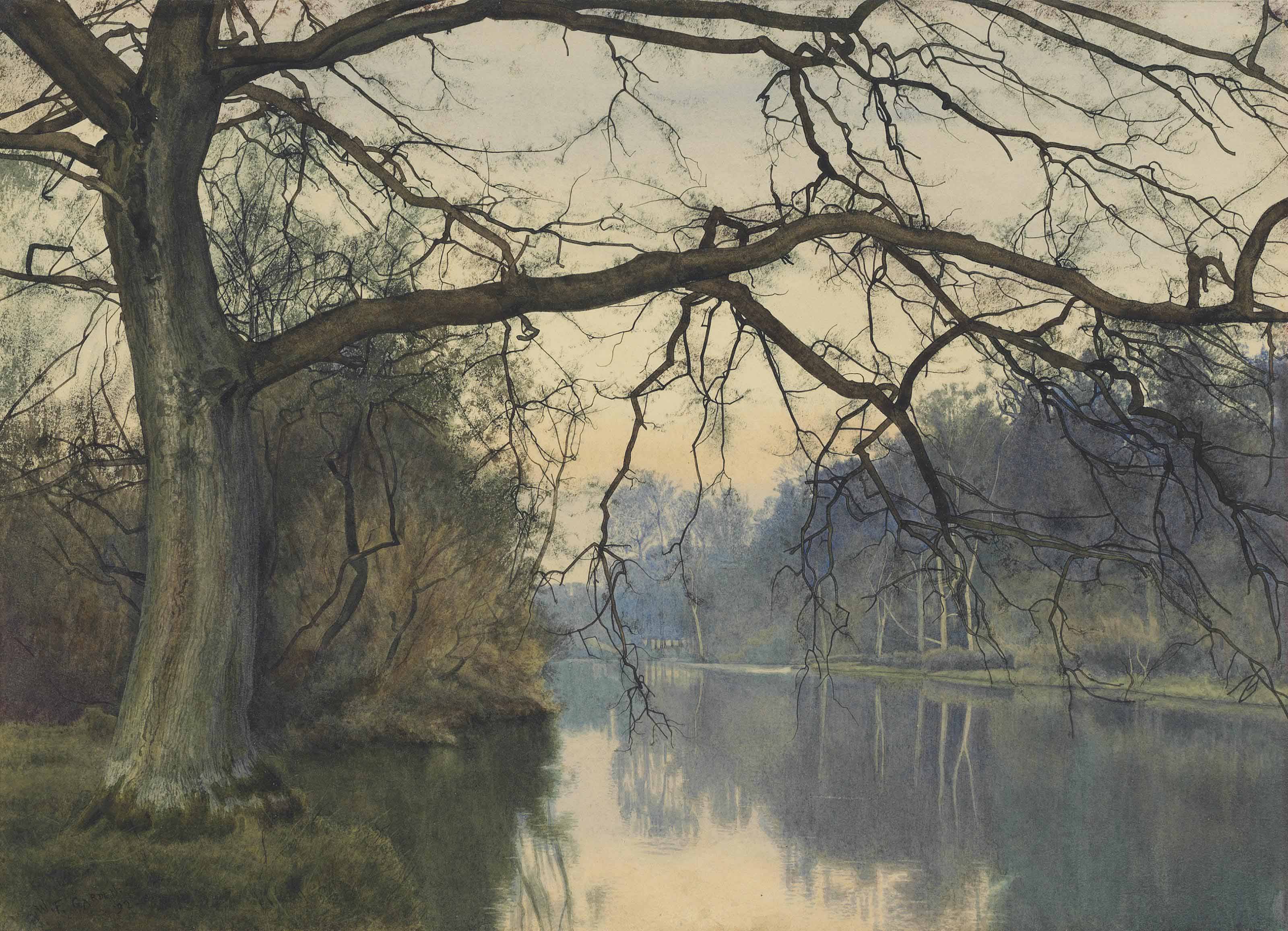 William Fraser Garden (1856-1921) , A great tree on a riverbank ...
